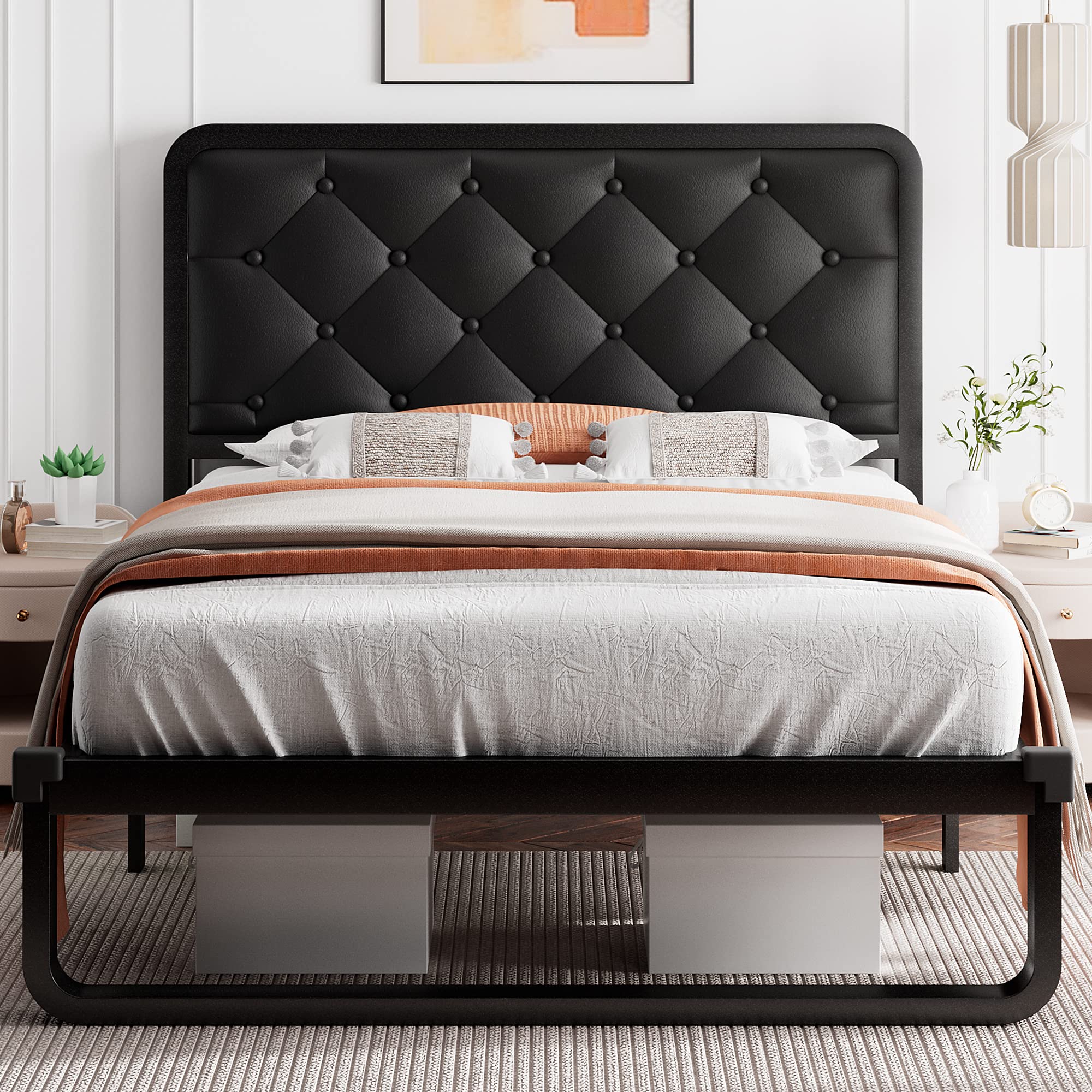 iPormis Queen Size Metal Bed Frame with Velvet Button Tufted Headboard, Curved Platform Bed Frame, Thicker Metal Steel Slats Support, 12'' Under-Bed Space, Noise-Free, Easy Assembly, Gold & Grey