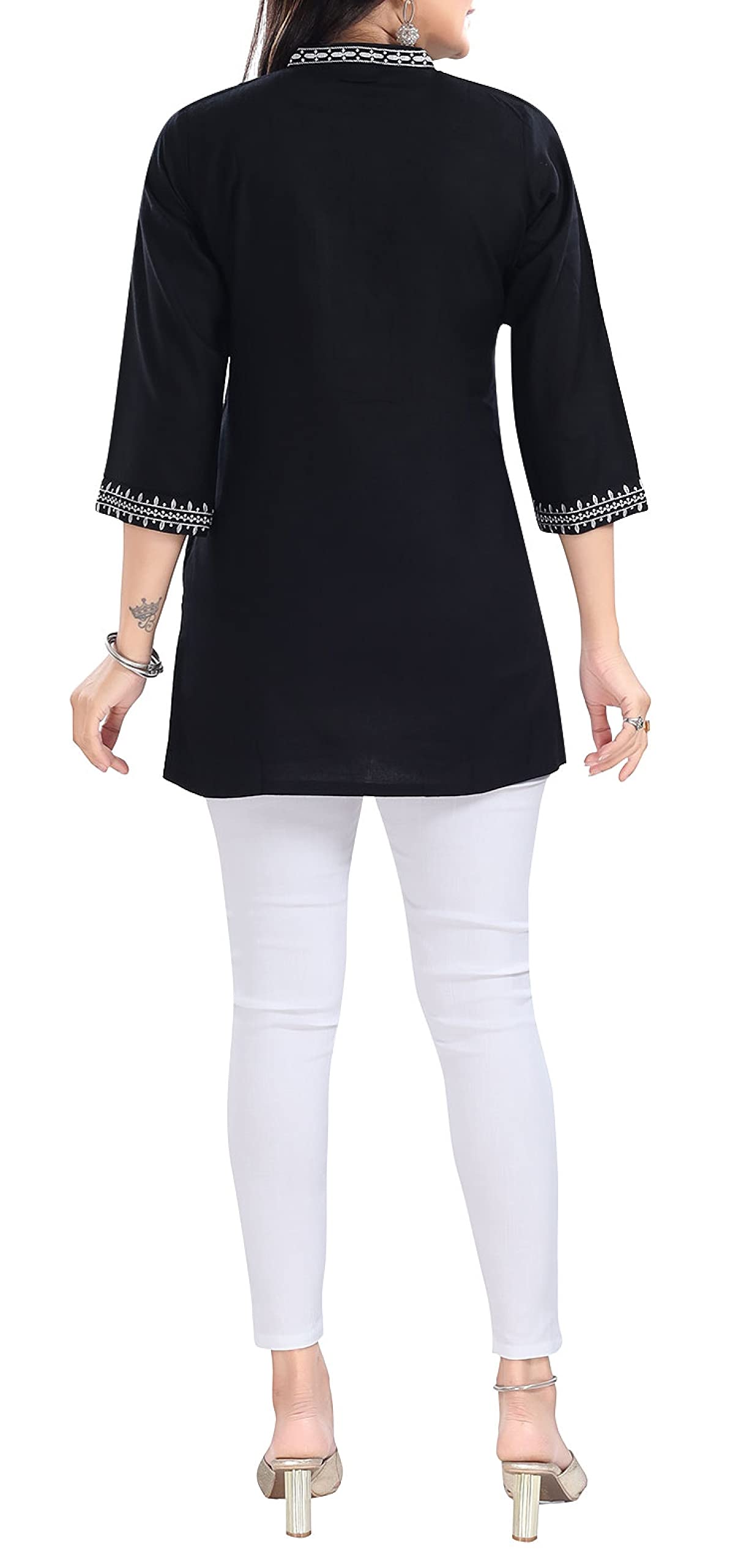 IshDeena Indian Kurtis for Women Indian Style Printed Embroidered Tunics Womens Tops Kurta (Extra Large, Black - 0622S1ID1)