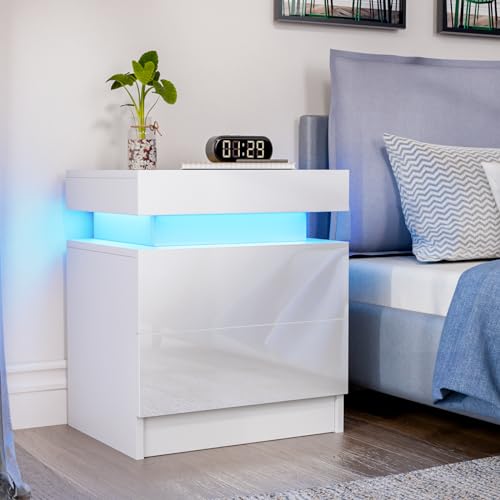 HOMMPA LED Nightstand White Nightstand with Led Lights Modern Night Stand with 2 High Gloss Drawers Led Bedside Table Smart Nightstand for Bedroom 20.5β Tall