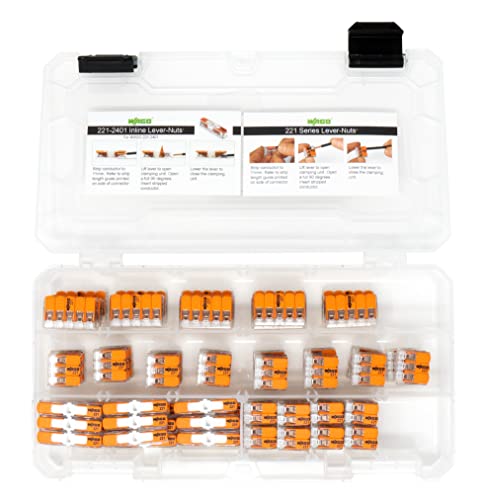WAGO 221 Lever Nuts 90pc Compact Splicing Wire Connector Assortment with Case. Includes (25x) 221-2401, (25x) 221-412, (25x) 221-413, (15x) 221-415