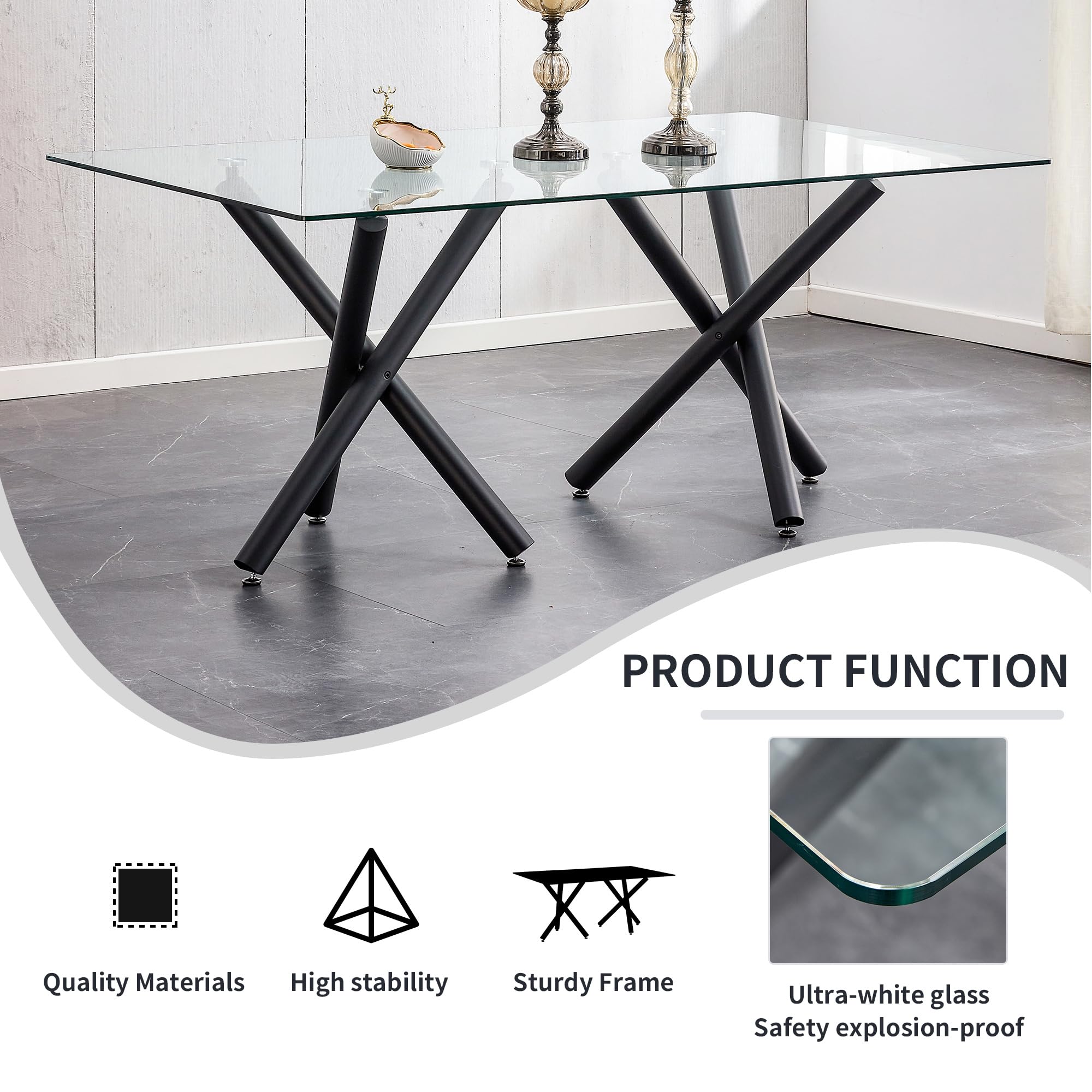 JBFF 71" Large 6-8, Modern 0.39" Tempered Glass Top Black Metal Pedestal Base, Easy Assemble, Mid-Century Rectangle Dinner Table for Dining Living Room, Kitchen