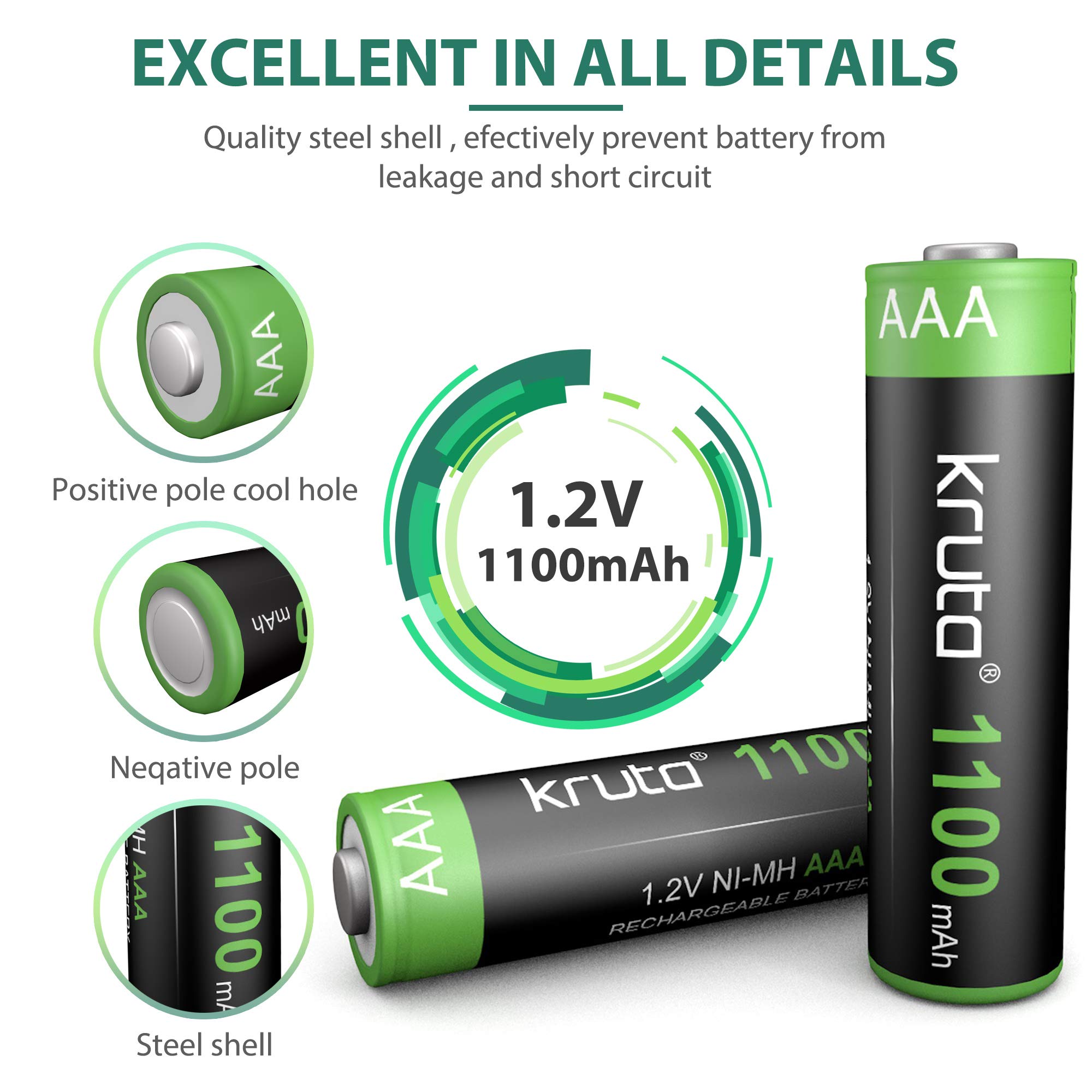 Kruta Solar Lights Batteries AAA 1100mah High Capacity 1.2V Ni-MH Rechargeable AAA Solar Battery for Outdoor Solar Lights, Battery String Lights, TV Remotes (Pack 8)…