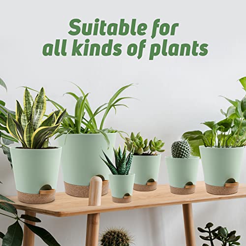 YNNICO Indoor Self Watering Planters with Drainage Holes and Saucers, 8, 7, 6.5, 6, 5.5, 5 Inches, Green, 6 Pots