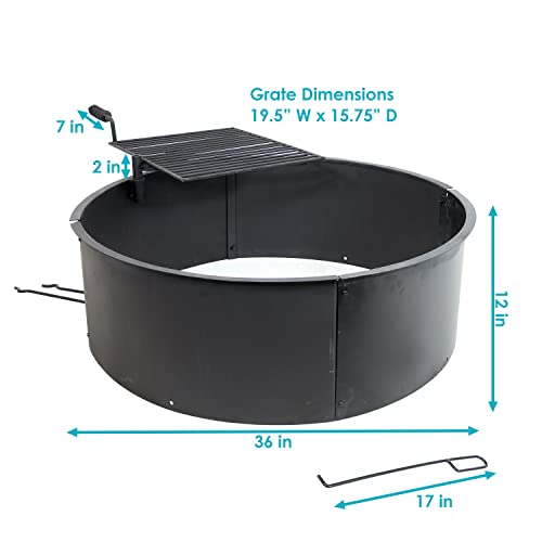 Sunnydaze 36-Inch Heavy-Duty 2mm Thick Steel Wood-Burning Fire Ring with Cooking Grate and Fire Poker