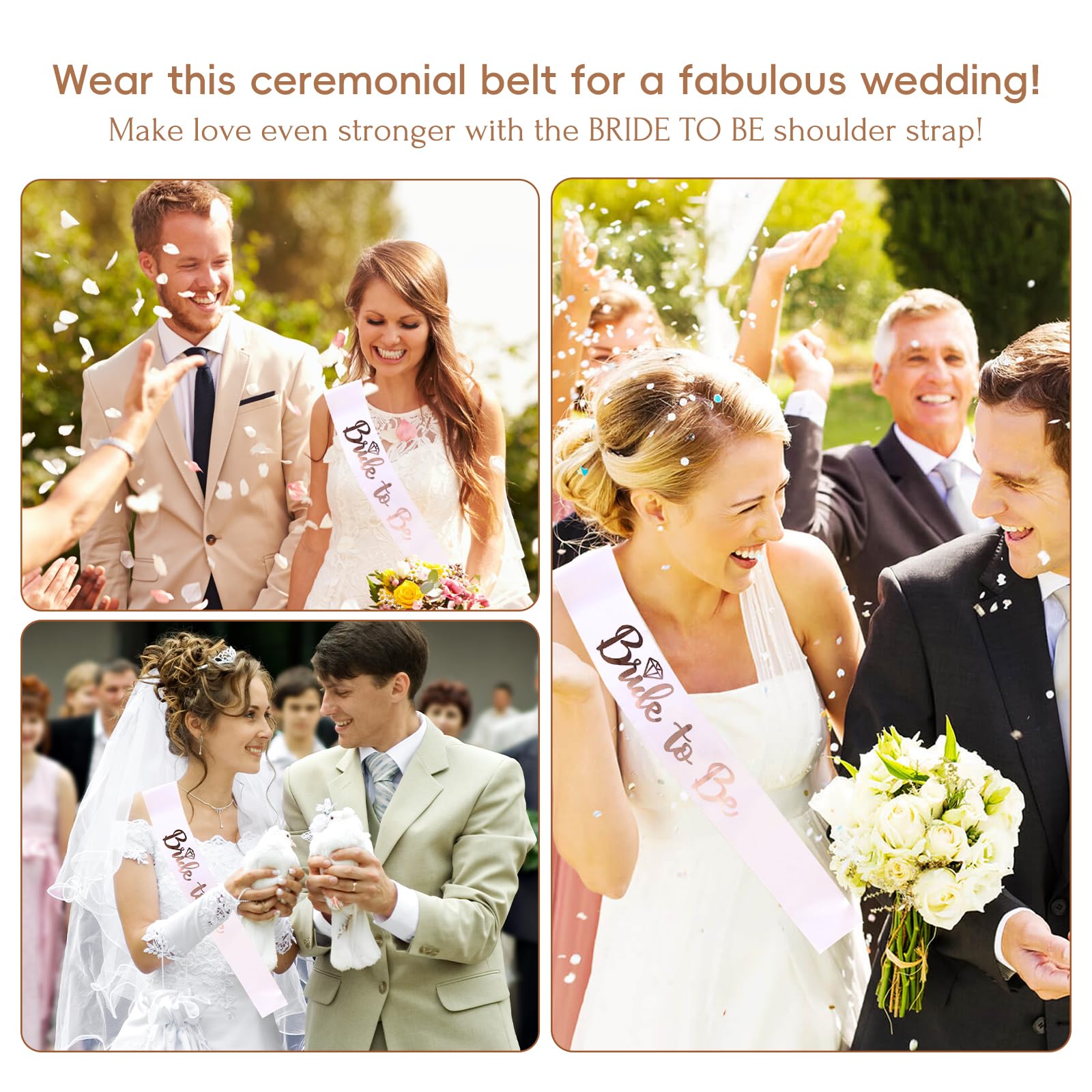 Totelux Bride to Be Sash Rose Gold Bridal Sash with Diamond White Satin Sash Bachelorette Party Wedding Accessories