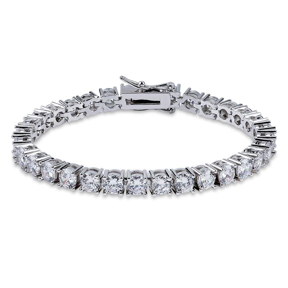 JINAO 1 Row AAA Gold Silver All Iced Out Tennis Bling Lab Simulated Diamond Bracelet (5mm Silver 8"
