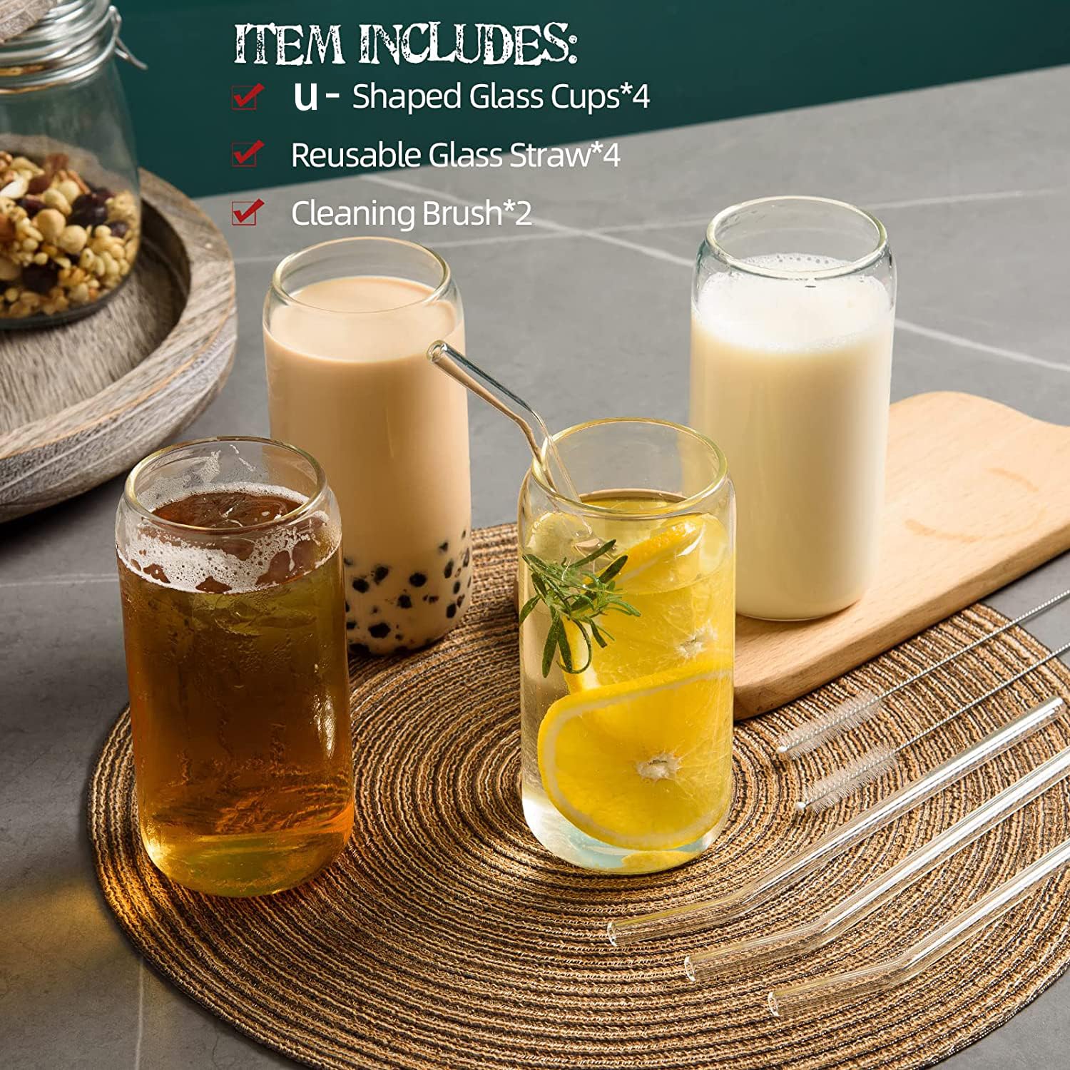 MOHARY Drinking Glasses with Glass Straw 4pcs Set - 16oz Glass Cups, Iced Coffee Glasses, Beer Glasses, Cute Reusable Bottle, Ideal for Whiskey, Cocktail, Tea, Water, Gift - 2 Cleaning Brushes