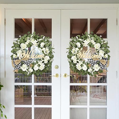 Waipfaru Eucalyptus Wreaths for Front Door, 20'' Green Outdoor Christmas Wreath with Welcome Sign and White Hydrangea for Fall Thanksgiving Decorations Home Wall Front Porch Window Patio Garden Decor