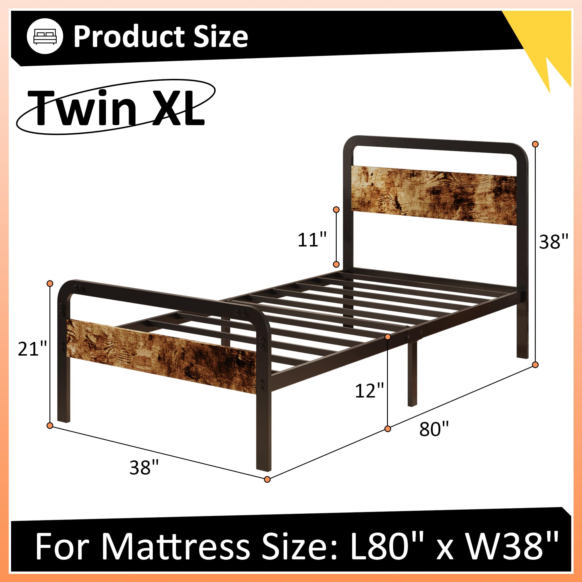 Upcanso 12 Inch Twin XL Bed Frame with Wood Headboard and Footboard, Platform Twin XL Bed Frames No Box Spring Needed with Heavy Duty Slats for Kids, Easy Assembly