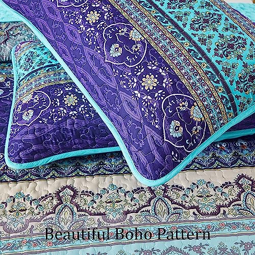 WONGS BEDDING Boho Quilt Set California King, Purple Bohemian Striped Pattern Printed Quilt Coverlet, Lightweight Microfiber Bed Decor Bedspread for All Season 106"x96"(3 Pieces, Cal King)
