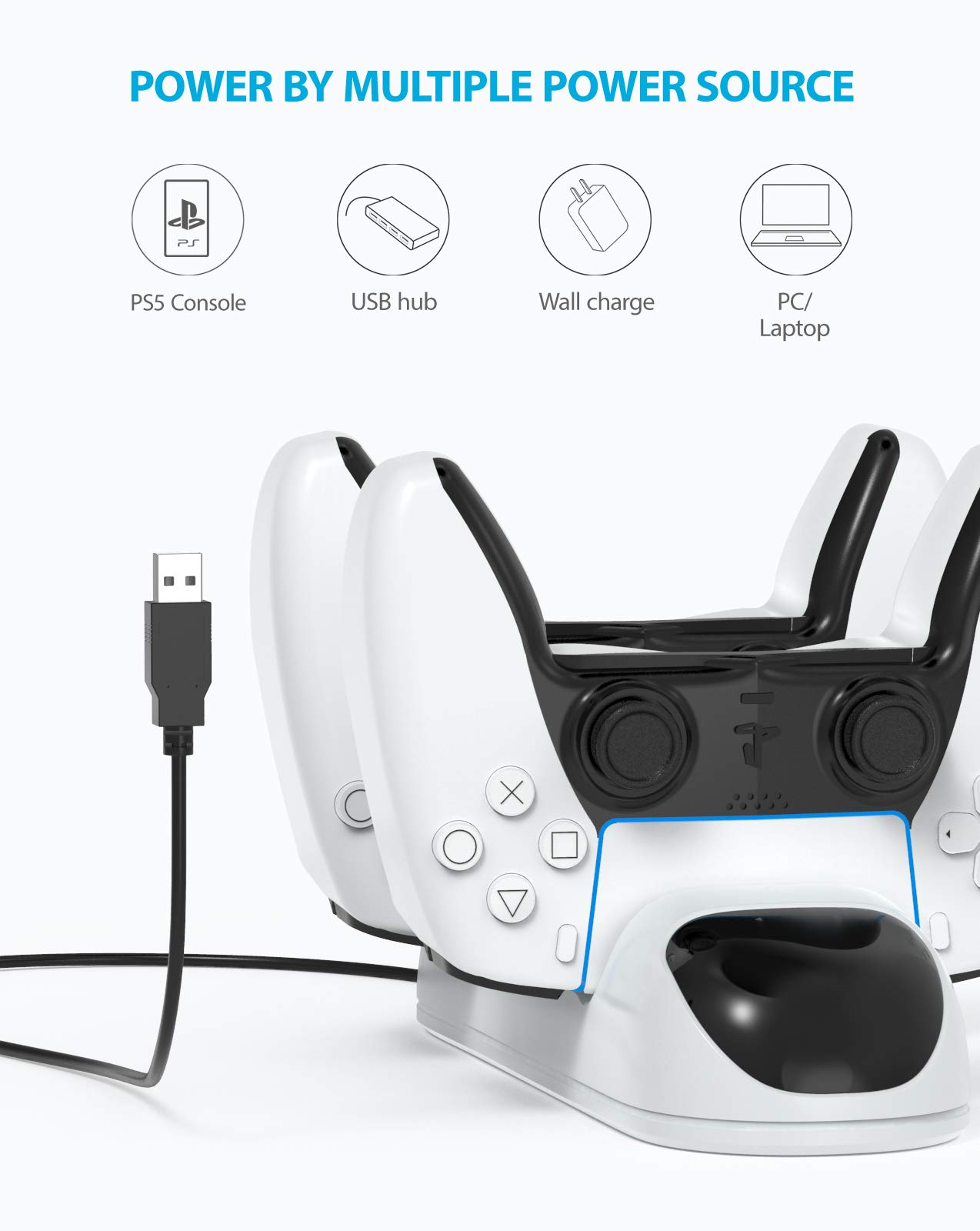 KINGTOP PS5 Controller Charging Station, PS5 Controller Charger with LED Charging Indicator Compatible with Sony Playstation 5/PS5 DualSense Wireless Controller(Cable Included)