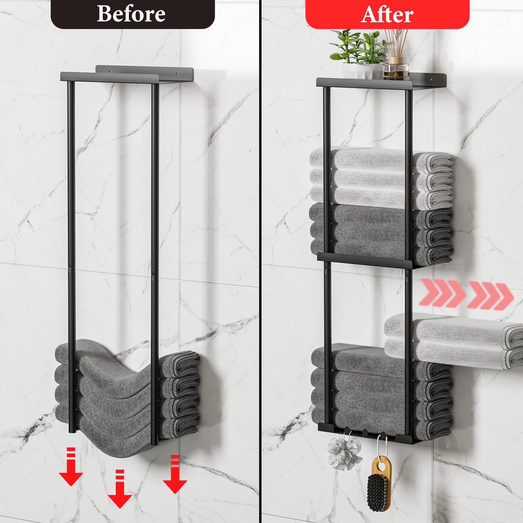Vowupt Bathroom Towel Storage Rack, 3 Tier Towel Racks for Rolled Towels, Wall Mounted Metal Bathroom Organizer, Bath Towel Holder Shelf with 3 Hooks,Towel Racks for Bathroom