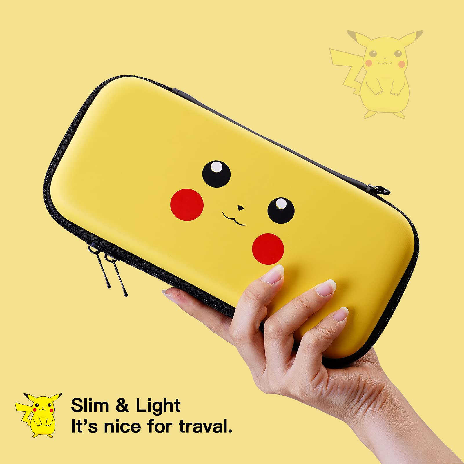 JINGDU Carrying Case Compatible with Nintendo Switch Lite, The Cute Yellow Storage Bag Accessories with 10 Game Card Slots is Convenient for Travel, Include Screen Protector & Hand Strap, Pikachu