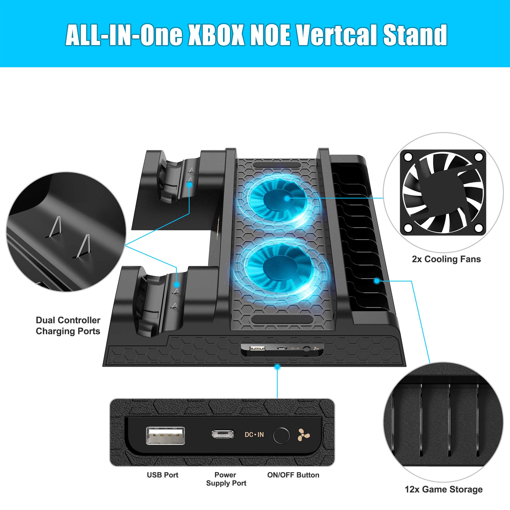 KINGTOP Cooling Stand Compatible with Xbox One/One S/One X, Vertical Cooling Fan with 2 Pack 600mAh Batteries, Games Storage, Dual Controller Charging Station for Xbox One/One S/One X (Black)