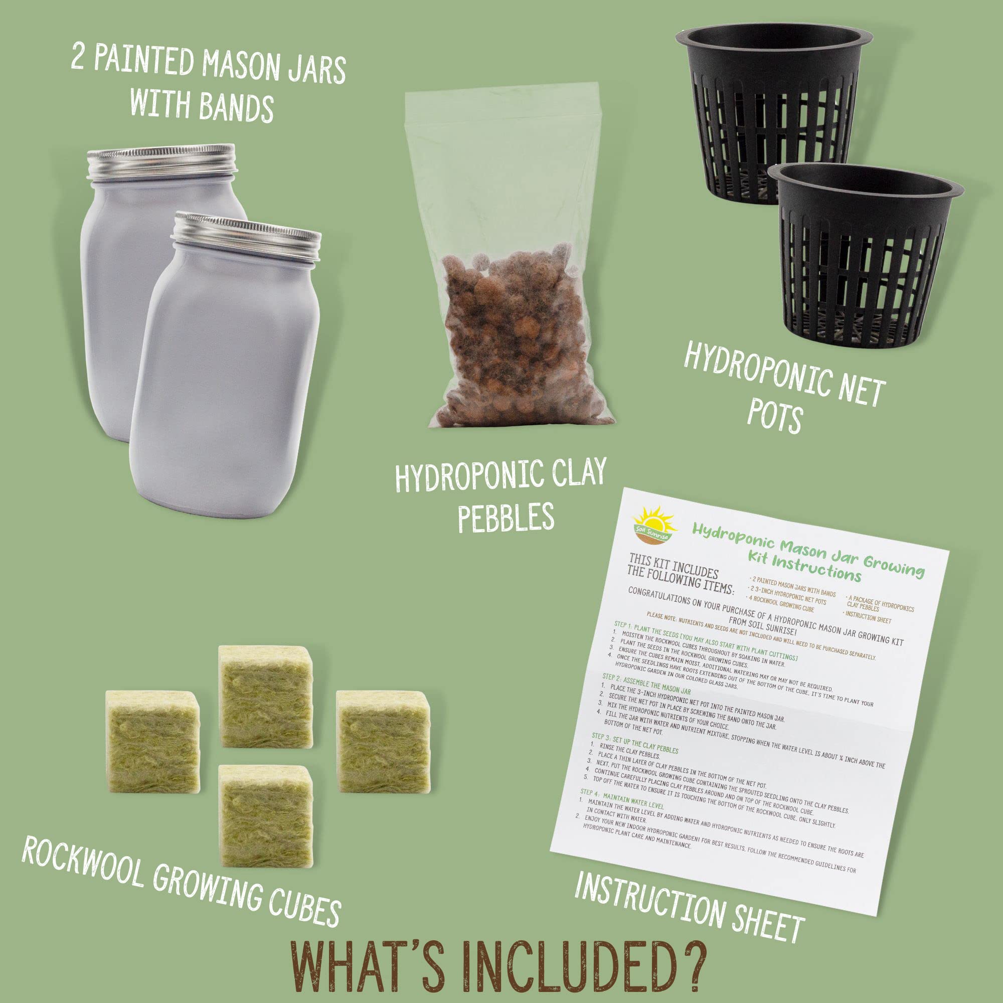 Hydroponic Mason Jar Starter Kit (10-Piece Set); w/Painted Mason Jars, Net Pots, Rockwool, Clay Pebbles and Instructions