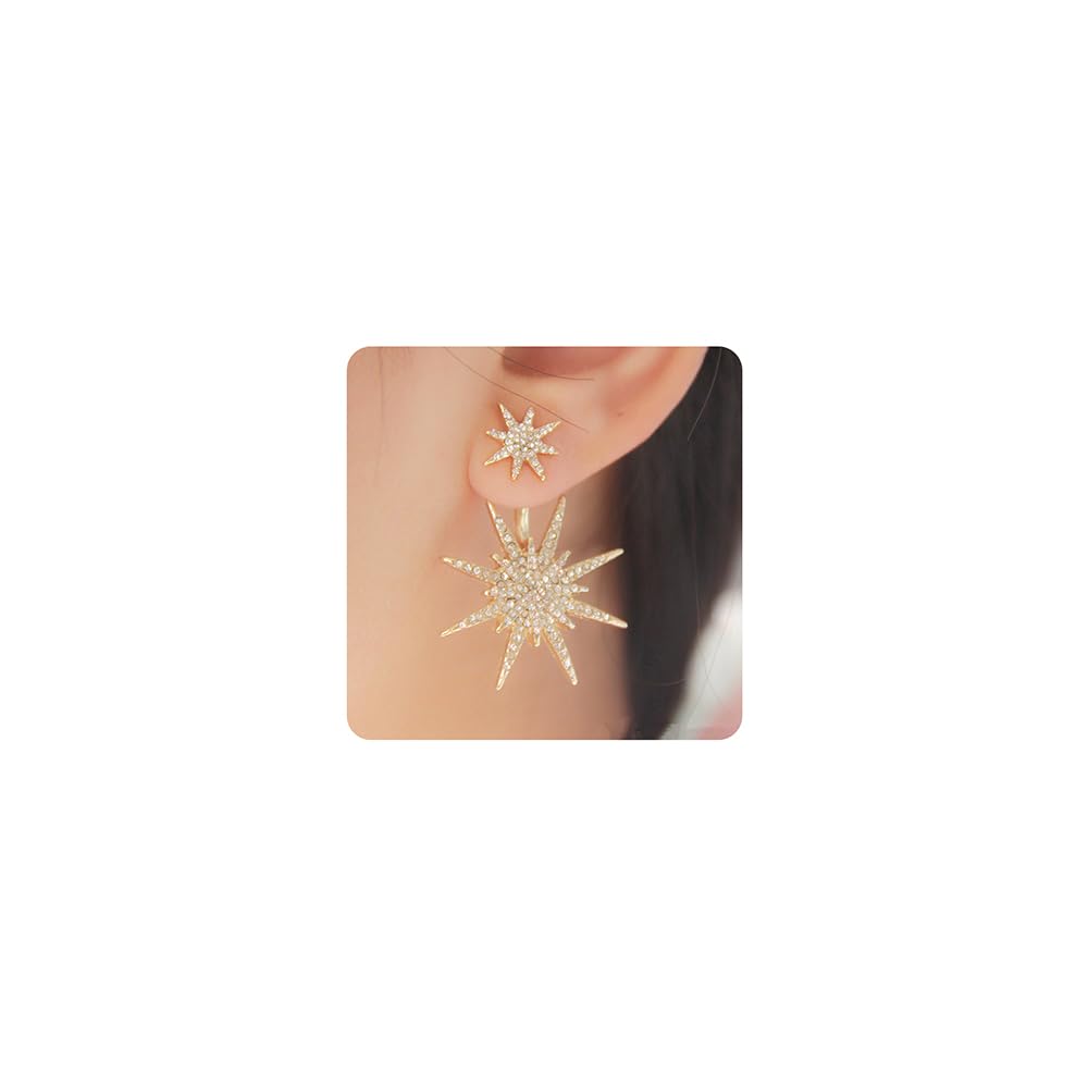 Jumwrit Starburst Rhinestone Earrings Star Dangle Earrings Rhinestone Punk Earrings Statement Drop Earrings for Women（Gold）