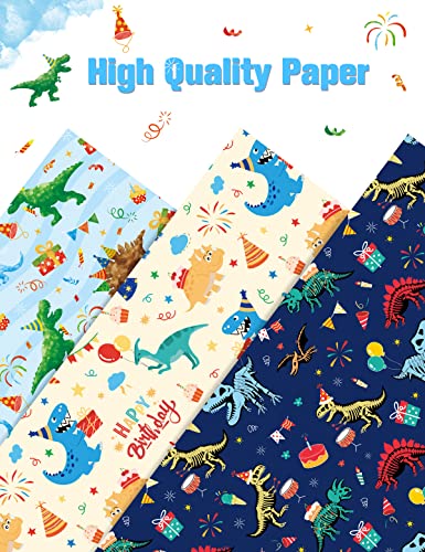WERNNSAI Dinosaur Wrapping Paper - 10 Sheets Dinosaur Gift Wrapping Paper for Boys Girls 3 Styles Patterns Wrap Paper Rolls Happy Birthday Wrapping Paper Dino Party Favor Present (20ββ x 27ββ/ Sheet)