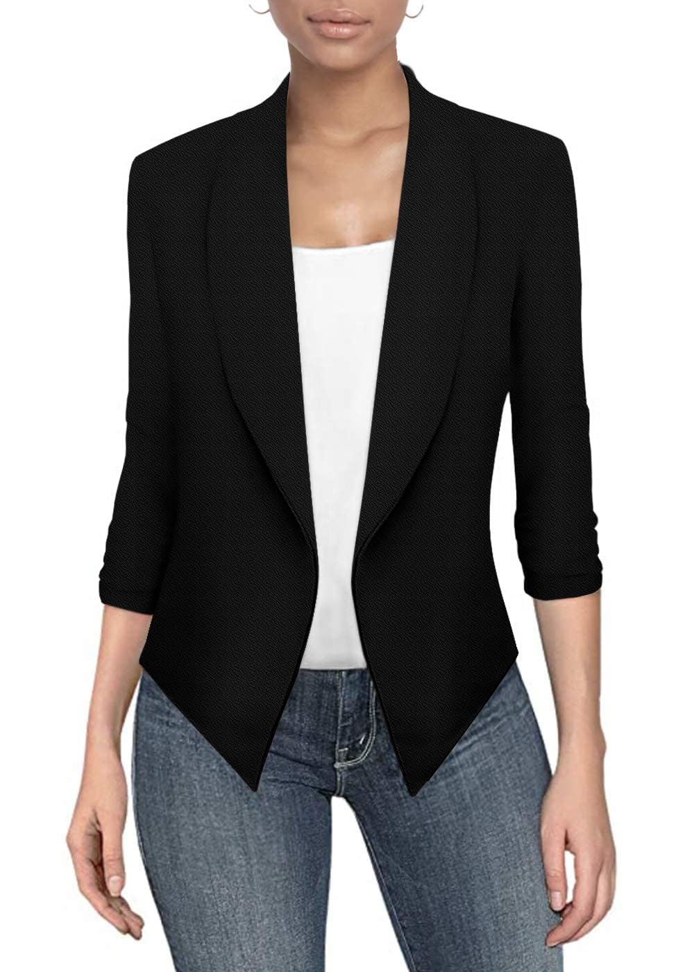 Hybrid & Company Lightweight Open Front Cardigan Classic Ruched Sleeve Work Office Blazer Suit Jackets Black
