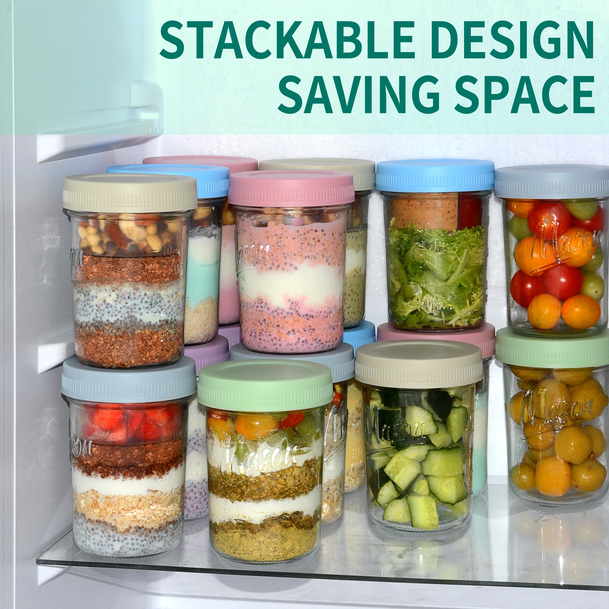 Xyptorix 16 oz Overnight Oats Containers with Lids, 4-Pack Leak-Proof Wide Mouth Mason Jars & Separate Compartments for Fruits/Nuts, Airtight Glass Jars for Chia Pudding, Yogurt, Parfait and Salad