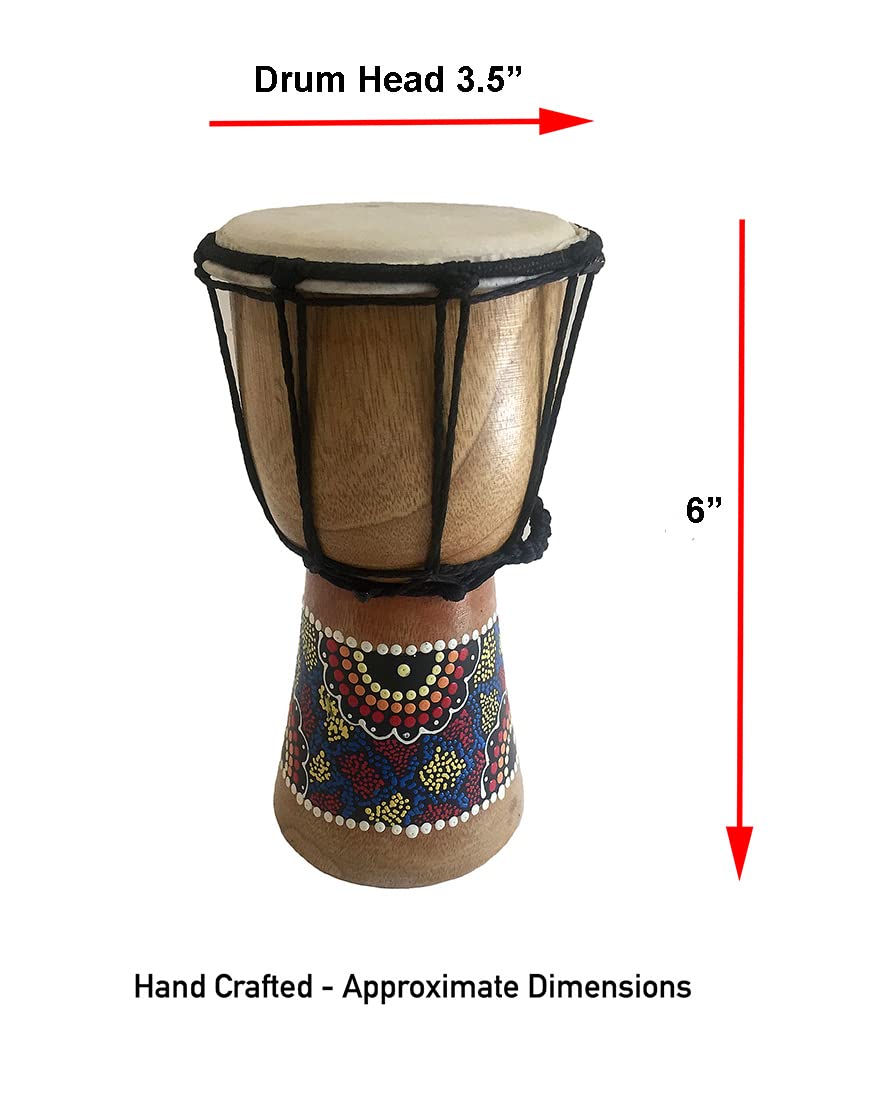 JIVE Djembe Drum African Bongo Congo Hand Drum Damaru For Kids Adults Aboriginal Dot/Carved Design Goat Skin SOLID Wood - (6" High - Painted/Carved) - NOT MADE IN CHINA