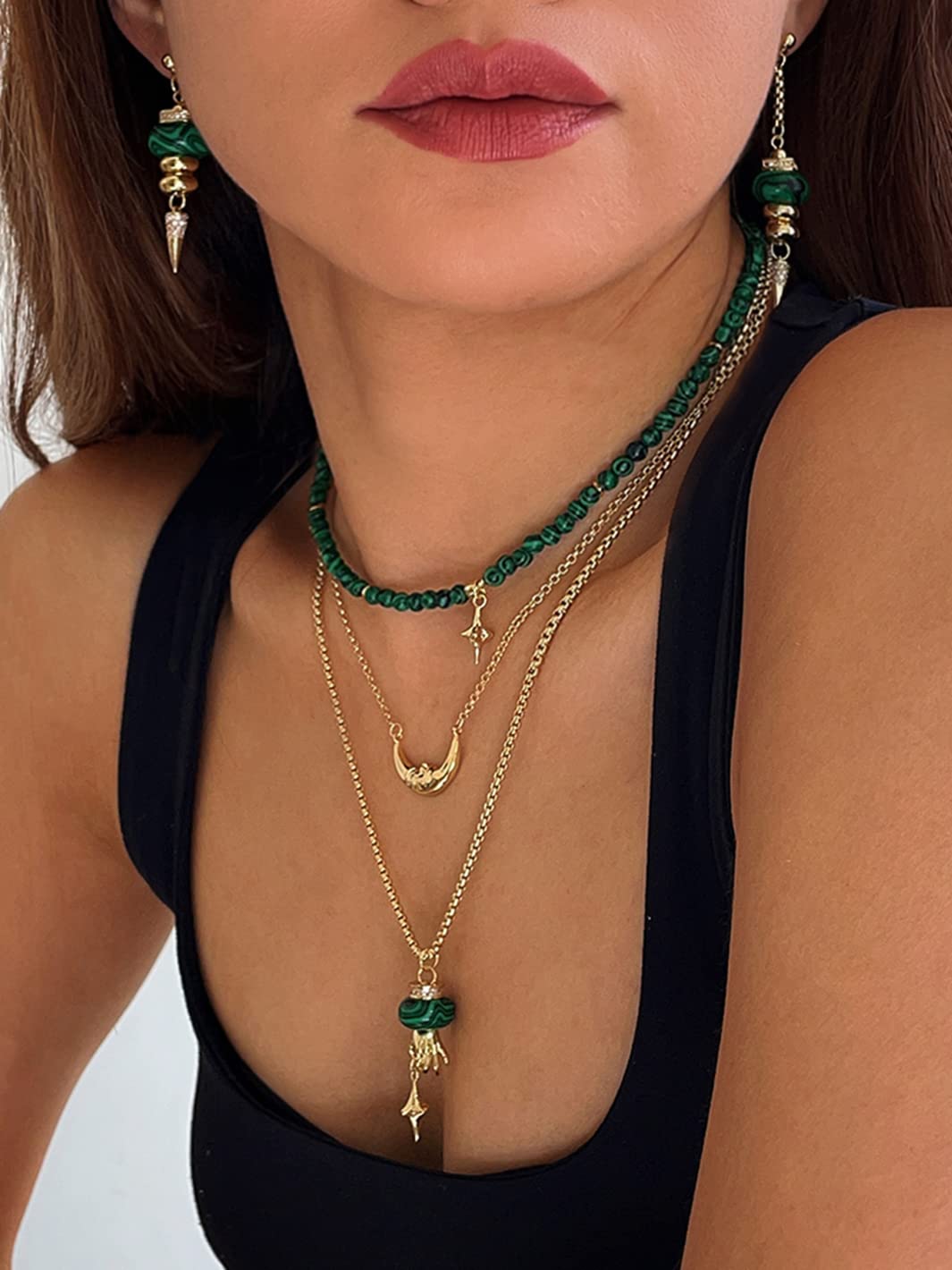 PEARLADA Boho Malachite Beaded Choker, Chakra Gemstone Necklace for Women, 18k Gold Star Charm Pendant Necklace