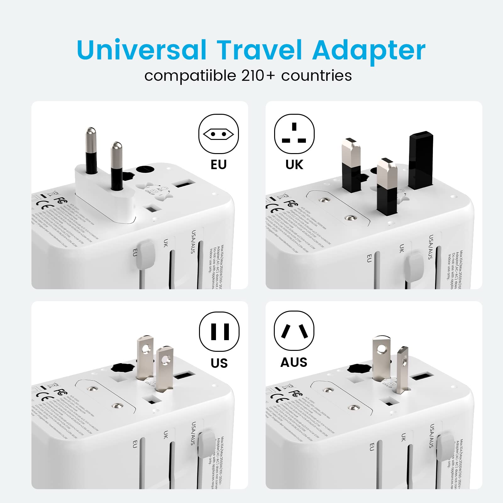 Universal Travel Adapter 65W GaN, SKRSAN 2USB-A and 3USB-C International Plug Adapter for UK/EU/AU/US Worldwide, Plug Wall Charger Compatible with Laptops, iPad, iPhone and More