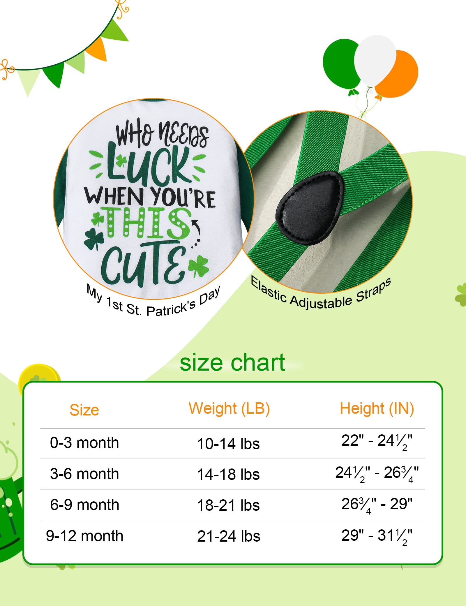 Queenstyle St Patricks Day Baby Boy Outfitt 3-6 Months My First St Patricks Day Baby Boy Outfit Romper Suspender Pants Print Hat 3Pcs Set