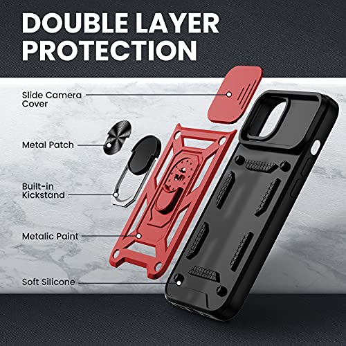 VEGO Compatible for iPhone 13 Case, iPhone 13 Kickstand Case with Slide Camera Cover, Built-in 360° Rotate Ring Stand Magnetic Cover Case for iPhone 13 6.1 inch 2021 - Red