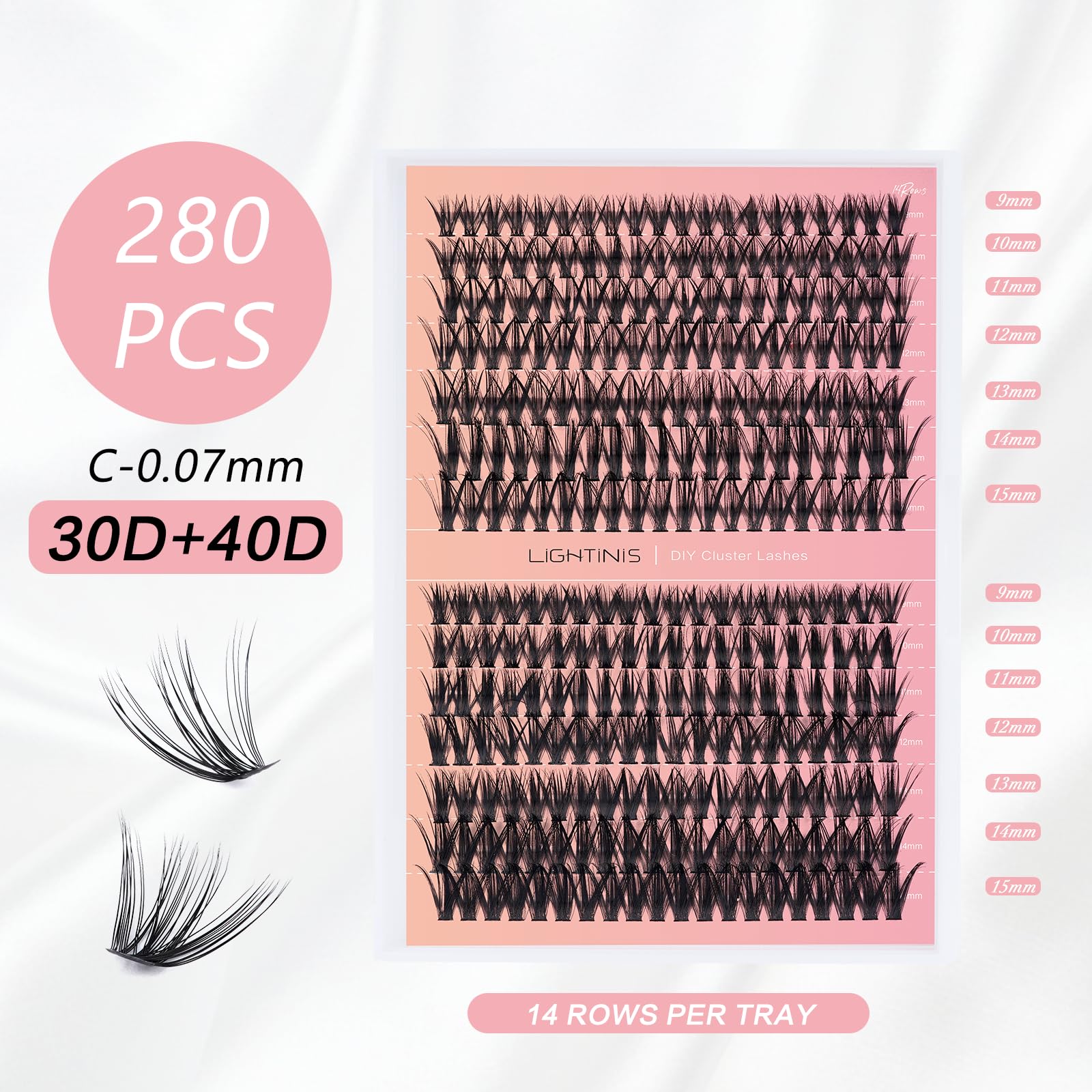 LIGHTINIS Individual Lashes 280 PCS 30D+40D Large Tray DIY Lash Extension C Curl Lash Clusters 9-16mm Mixed Natural Eyelash Clusters Faux Mink Slik Cluster Lashes (30D+40D-C-MIX9-16mm)