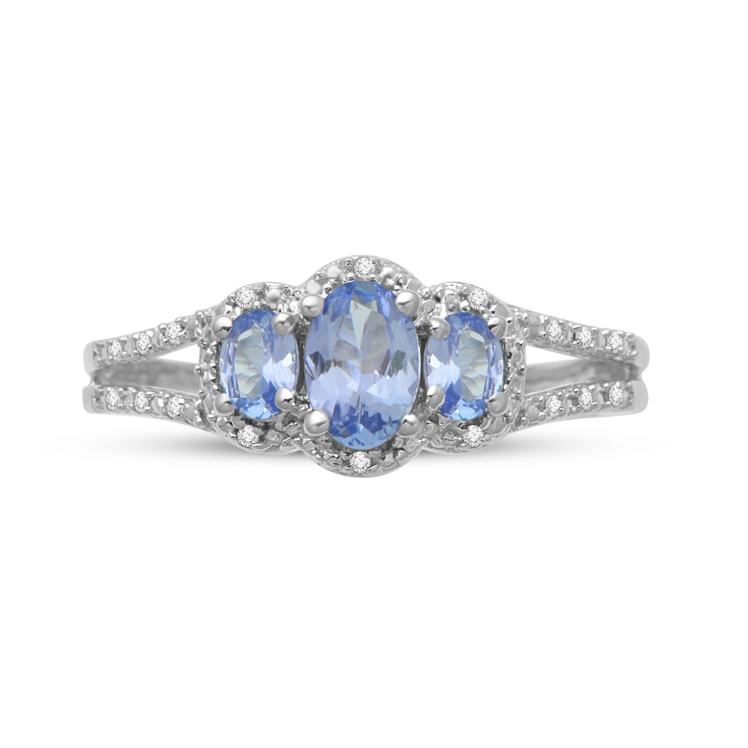 Jewelili Sterling Silver 6x4MM and 4x3MM Oval Shape Tanzanite and Natural White Round Diamond Accent Ring, Size 4