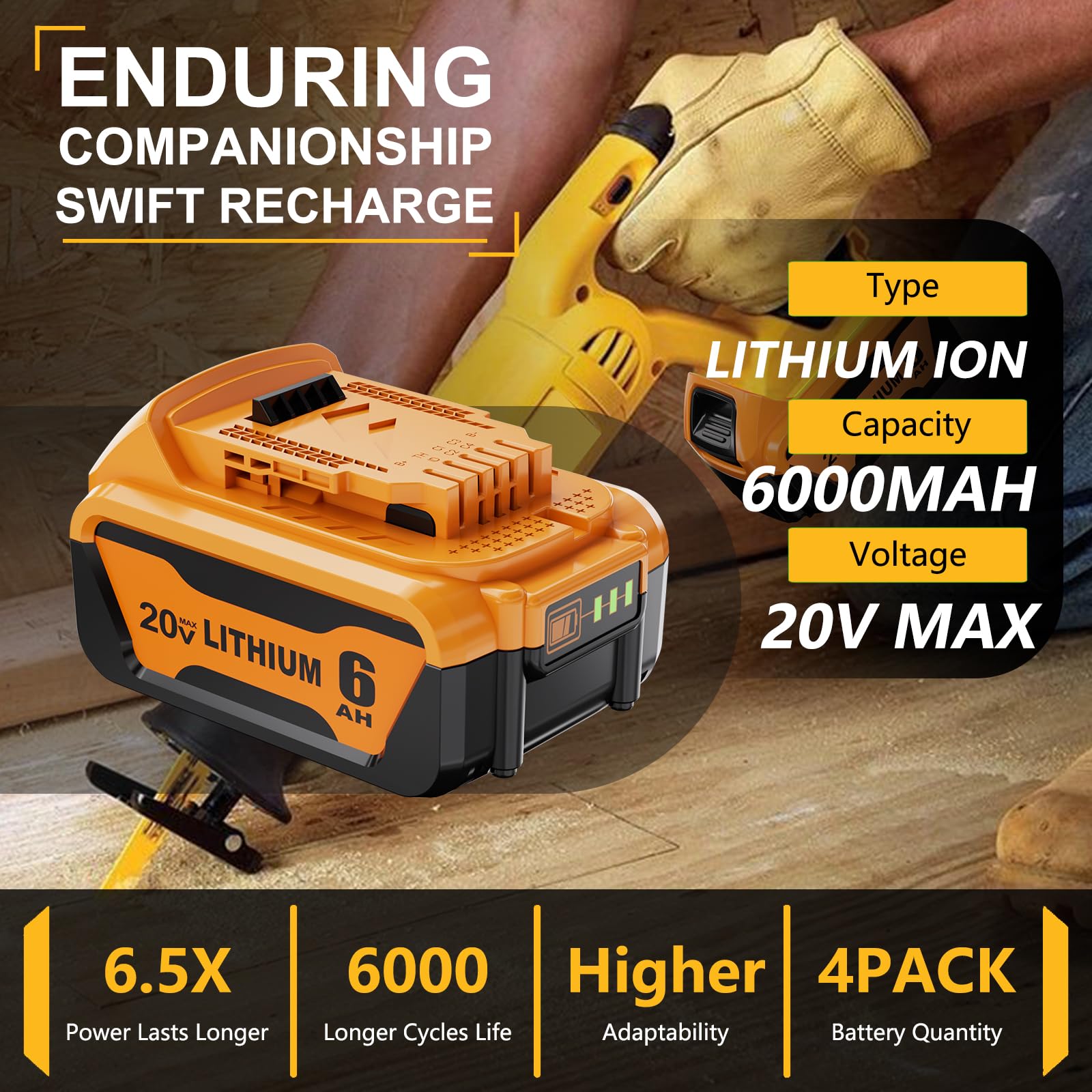 Upgraded 4 Packs 6.0Ah Replacement for Dewalt 20V Max Battery 6000mAh Compatible with Dewalt 20 Volt XR Lithium-ion Batteries DCB205 DCB206 DCB207 DCB204 DCB201 DCB200 DCD/DCF/DCG Series Power Tool