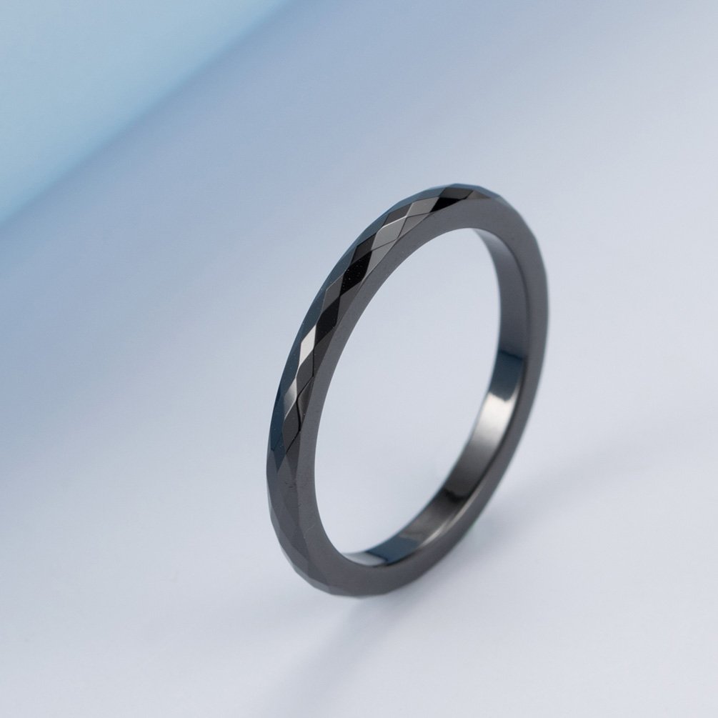 IFUAQZ Women's 2MM Ceramic Ring Rhombic Cut Faceted Design Engagement Wedding Band Comfort Fit Black Size 9