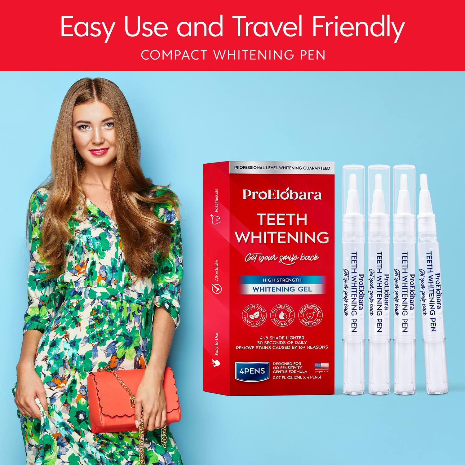 ProElobara Teeth Whitening Pen, Teeth Stain Remover Treatment with Power Tooth Whitening Gel - No Sensitivity, Brighter Smile, Painless, Effective, Mint Flavor - 4 Pens