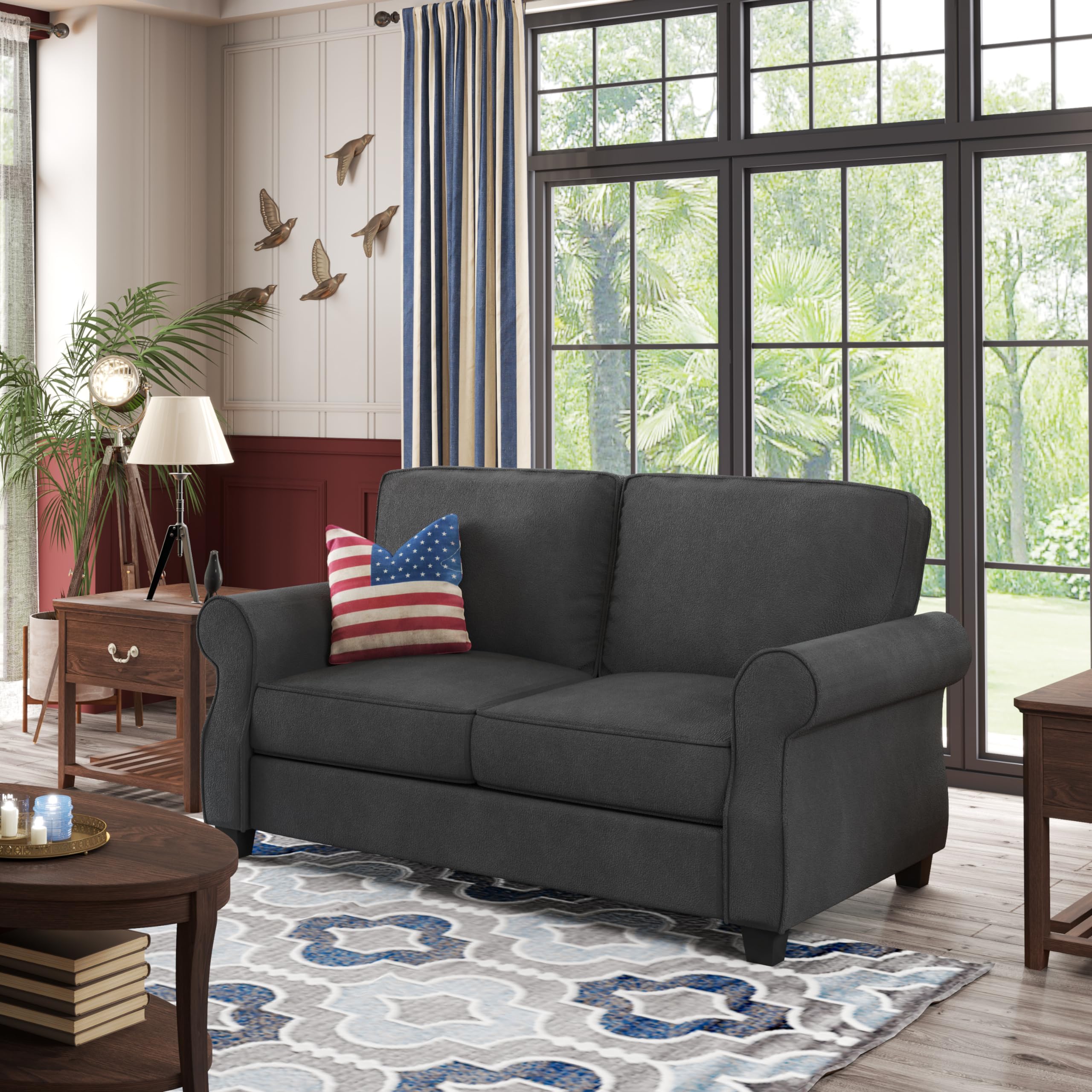 Yattem 56” Loveseat Sofa Couch, Modern Small Dark Gray Velvet Loveseat Sofa Couch, Small Space Saving Modern Upholstered 2 Seater Love Seat Sofa Couch for Living Room Bedroom Office Studio