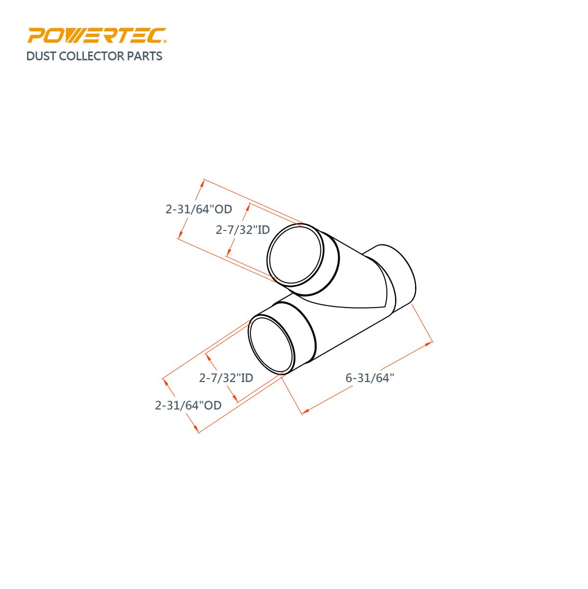 POWERTEC 70228 2-1/2 Inch Y-Fitting Dust Collection Hose Connector, Clear Color