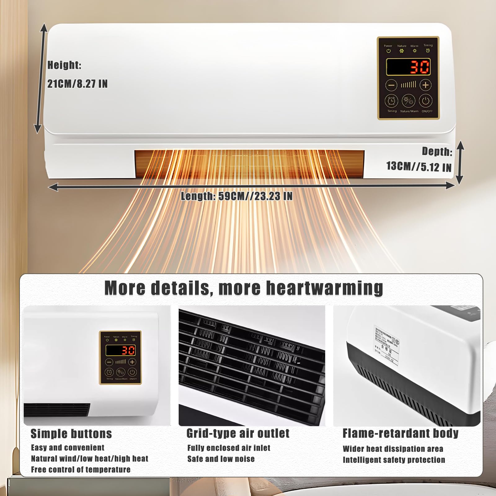 Wall Mounted Air Conditioner Wall Mounted Electric Heater with Thermostat, Remote Control, 1800W, Quiet Operation, Energy Efficient, Ideal for Bedroom, Bathroom, Office