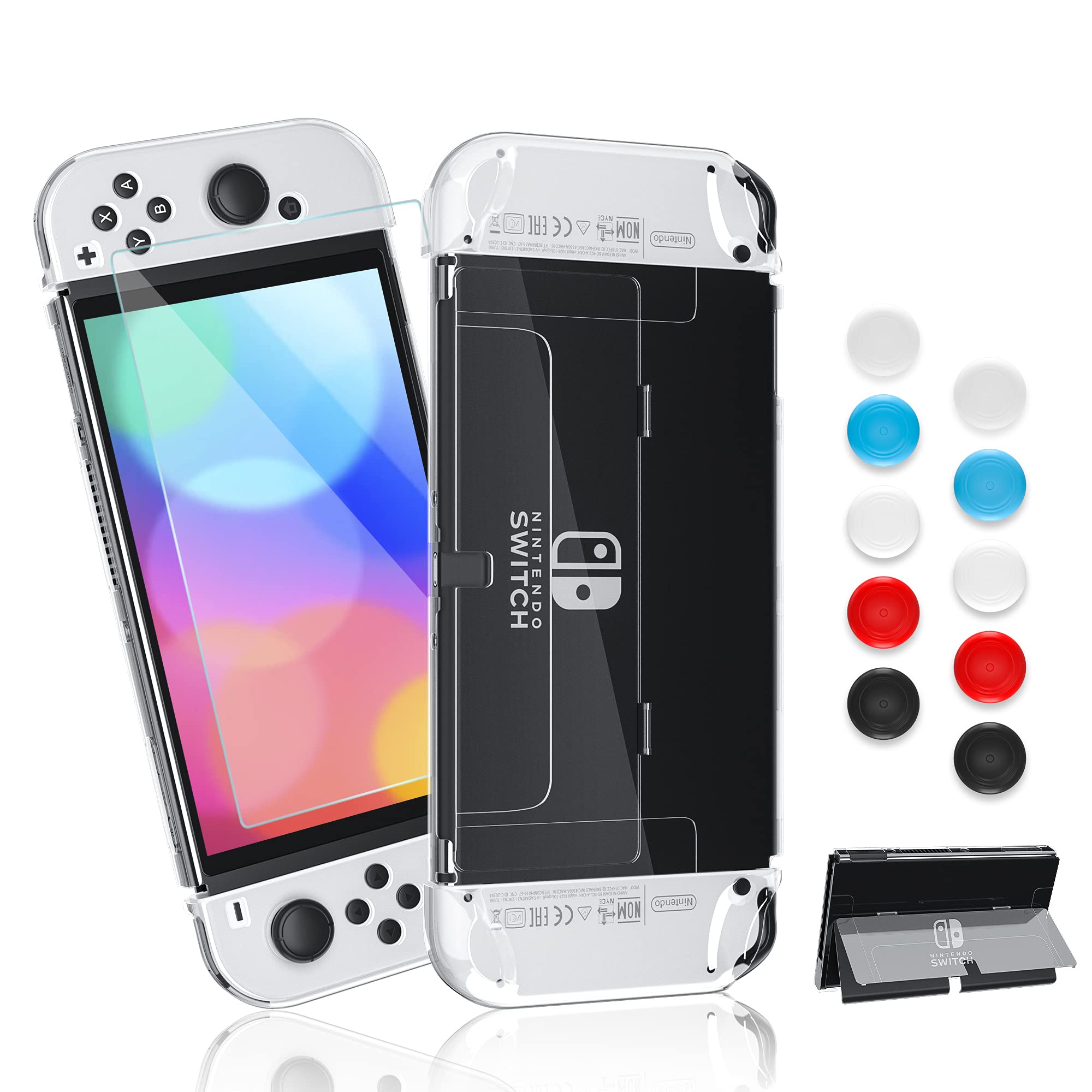 LASTYAL Protective Clear Flip Shell Compatible with Nintendo Switch OLED Model, Transparent Cover Case for Switch OLED and Joycon Controller with 10 Thumb Grip Caps and Screen Protector (Clear)