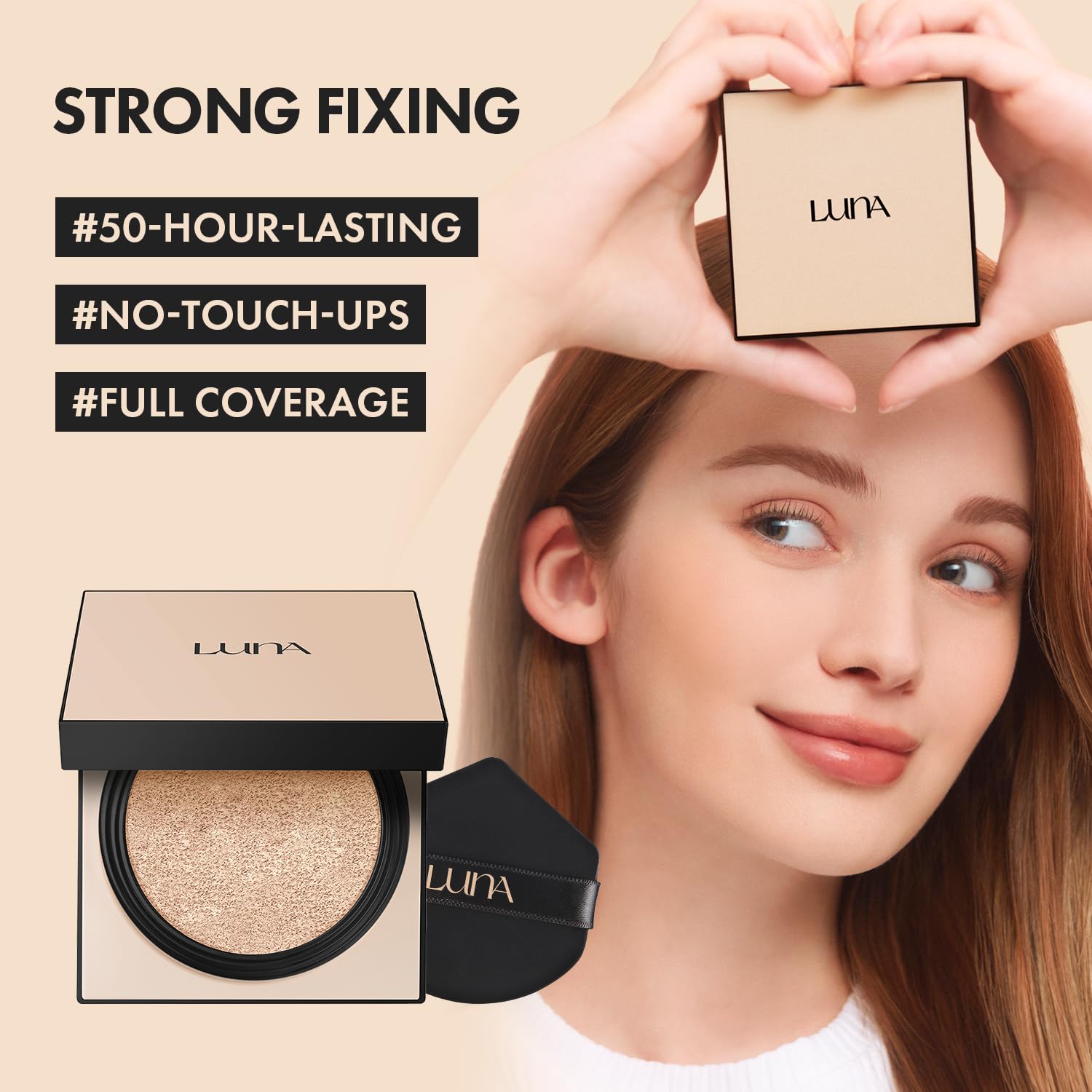 LUNA 50-Hours Conceal Fixing Cushion Foundation SPF 37 (#21 Warm Beige), Refill Included, Semi-Matte Finish, Full Coverage Korean Makeup
