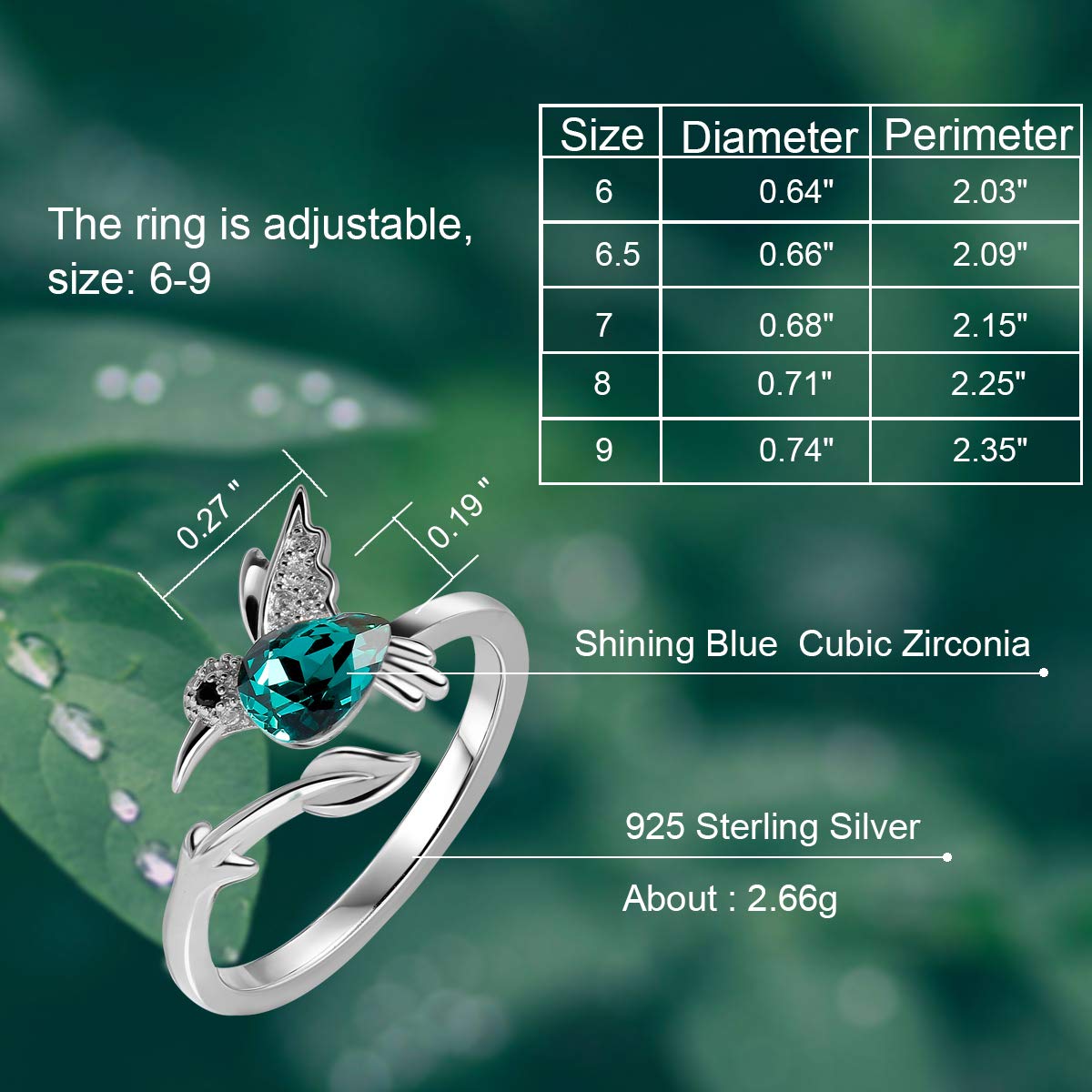 Jewever 925 Sterling Silver Hummingbird ring with Blue Cubic Zirconia for Women Jewelry Gift Silvery Adjustable 6-9#