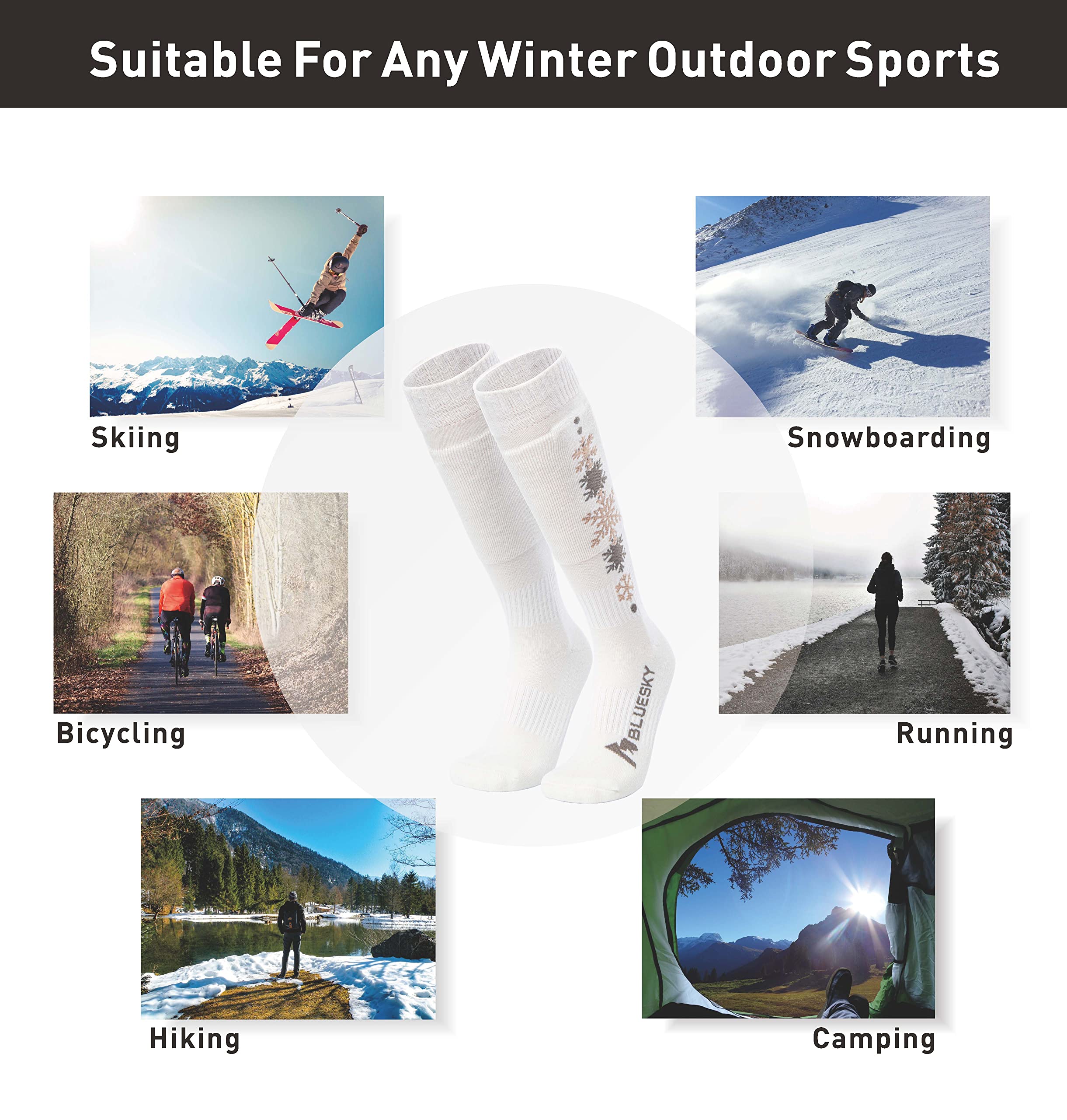Merino Wool Ski Socks / Hiking Socks for Men&Women, Snowflake (White Small)