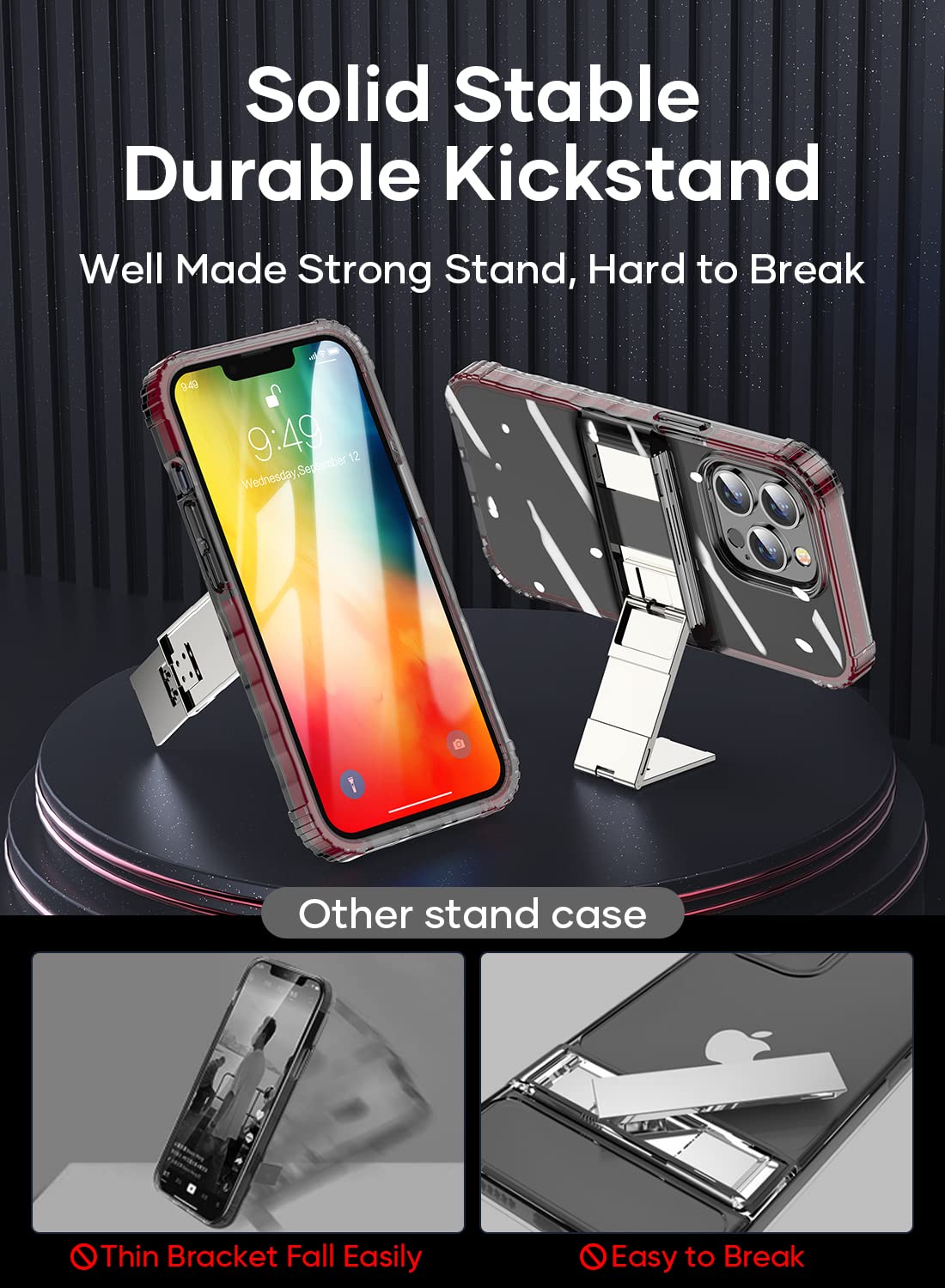 LONGCIYU Kickstand Case Compatible with iPhone 13 Pro Max Case 6.7",[6+ Stand Model] [Exceed Military Grade Drop Protection],Premium Adjustable Stainless Kickstand(Clear Black&red)