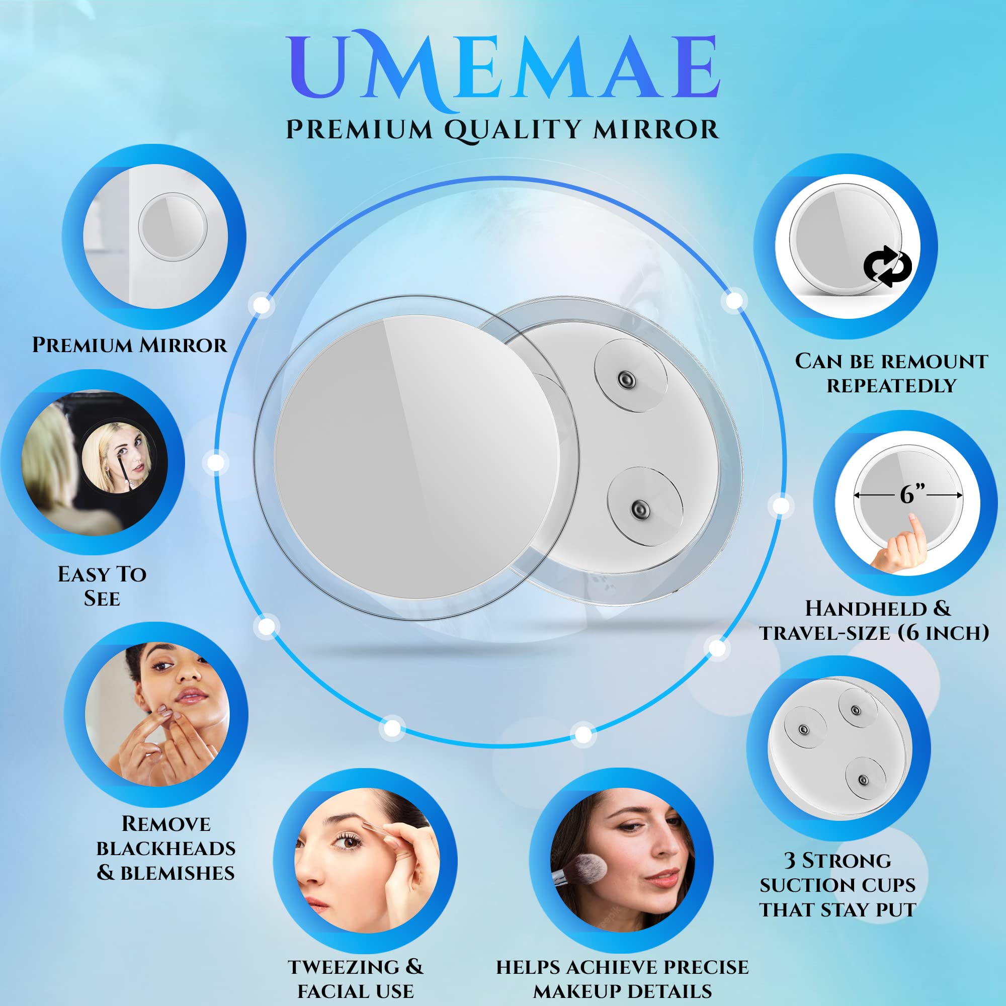 UMEMAE 20X Magnifying Mirror with 3 Strong Suction Cups- 6 Inch Mirror- Use for Makeup Application/Makeup Details- Tweezing- Removing Blackheads/Blemishes-Suction Cups Mirror- Easy Mounting.