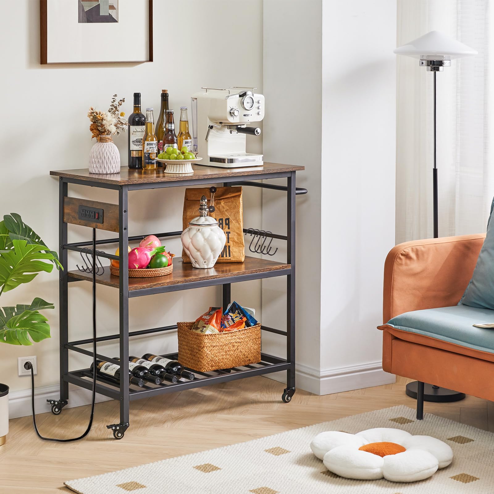 IBUYKE Kitchen Island with 3 Shelves, Island Table for Kitchen with Power Outlet,Kitchen Cart with Large Worktop,Rolling Bar Cart for Home, Outdoor, Kitchen, Living Room TMJ024H