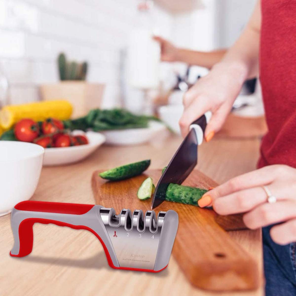 Kisstop 4 in 1 Knife Sharpener,4-Stage Kitchen Knife Sharpeners with the Diamond, Ceramic, and Tungsten Steel Rod(Red)