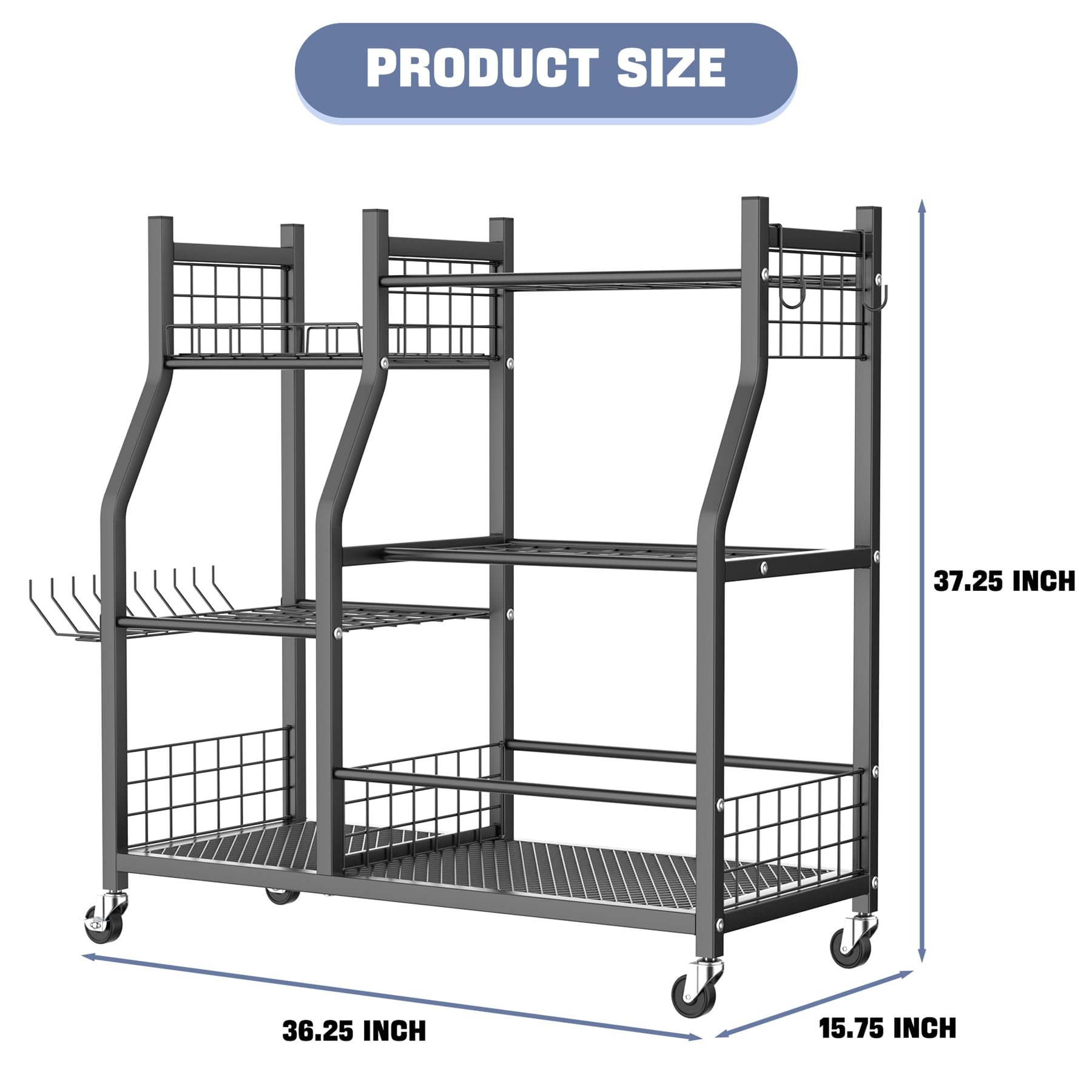 WALMANN Garden Tool Organizer with Wheels for Garage, Large Storage Capacity, Rakes/Shovels/Yard Tools Storage Stand for Shed, Garden, Indoor/Outdoor Long-Handled Tools Rolling Cart