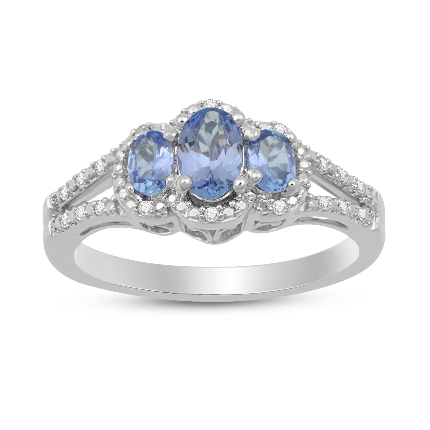 Jewelili Sterling Silver 6x4MM and 4x3MM Oval Shape Tanzanite and Natural White Round Diamond Accent Ring, Size 4