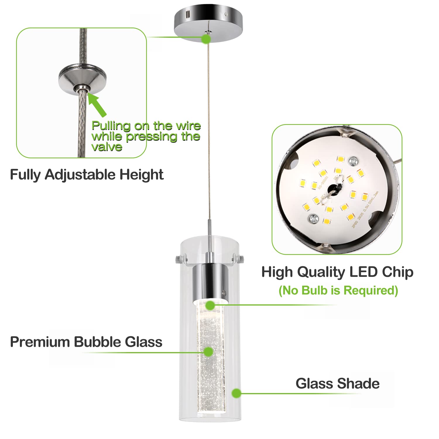hykolity Pendant Light, 1-Light Integrated LED Kitchen Lighting, 8.5W (40 Watt Equivalent), CRI 90+, 640lm Premium Bubble Glass with Chromed Finished, ETL Listed