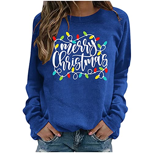 Pullovers For Women Funny Christmas T-Shirt Long Sleeve Sweatshirts Flowy All-match Pullovers Baseball T-Shirt Blue