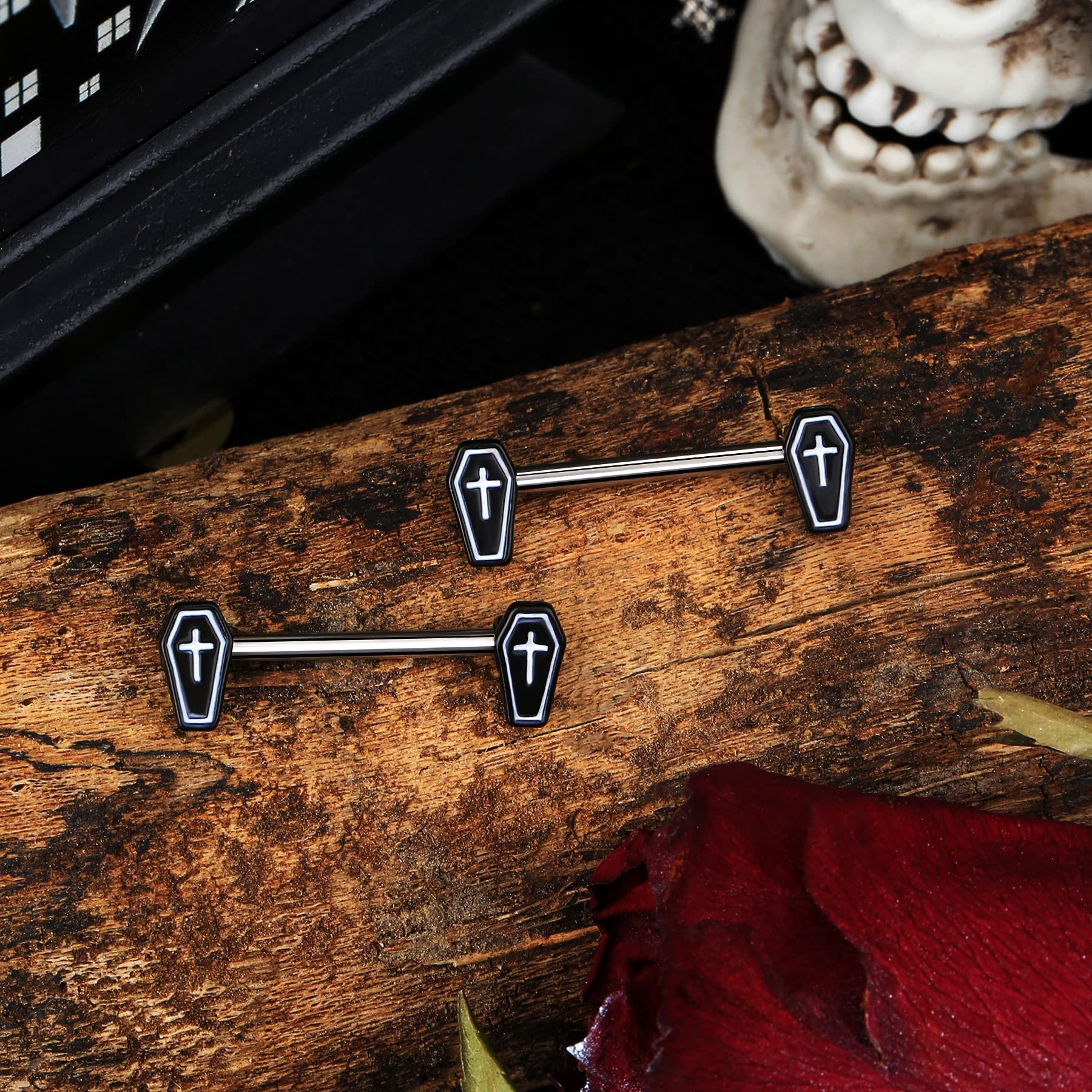 Jewseen Unique Coffin Nipple Barbell 14g Epoxy Design Nipple Ring Body Piercing Jewelry for Halloween Day