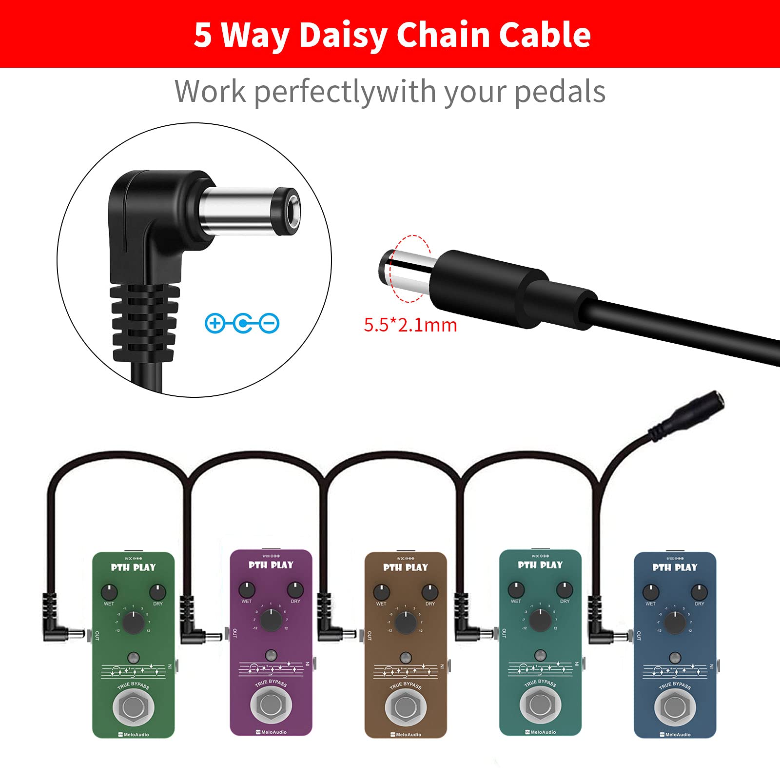MEROM Guitar Pedal Power Supply 9V 1A AC DC Power Adapter Charger for Electronic Effects Booster Pedal Power Supply with Negative 5 Way Daisy Chain Cable